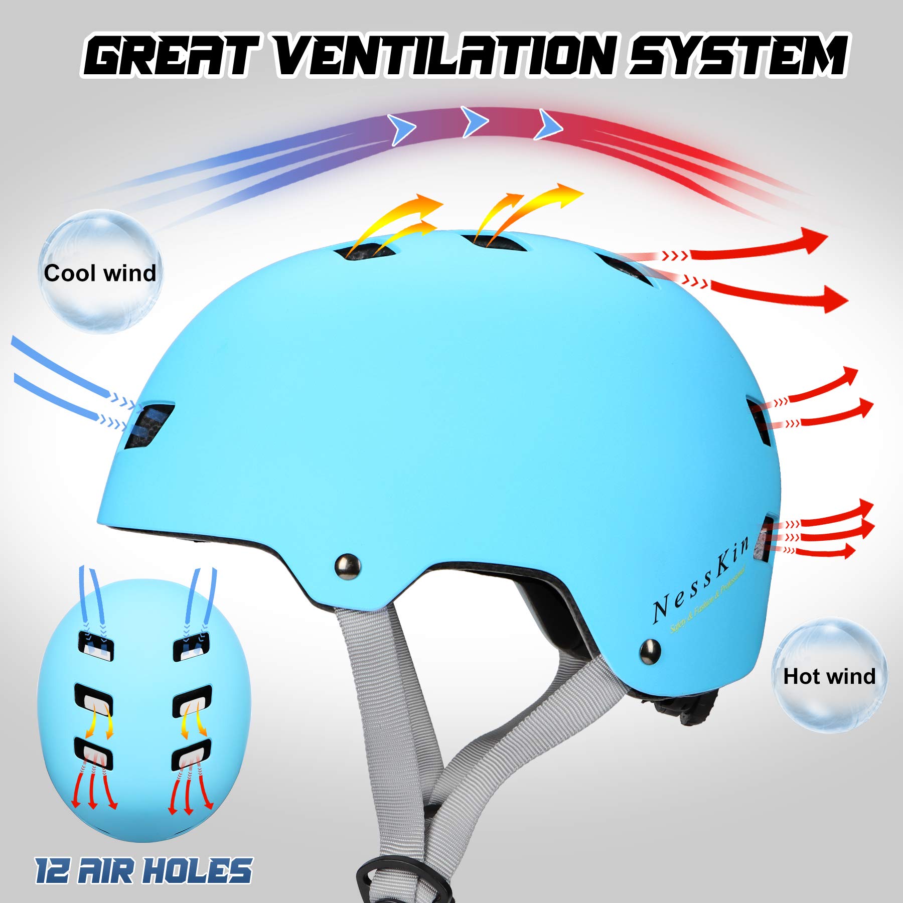 Skateboard Cycling Helmet - Two Removable Liners Ventilation Multi-Sport Cycling Skateboarding Scooter Roller for Kids, Youth & Adults