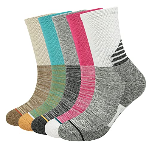 yeuG 5 Pack Women's Hiking Walking Wool Crew Socks, Multi-pack Wicking Cushion Crew Socks (Color 5, Shoe Size: 6-11)