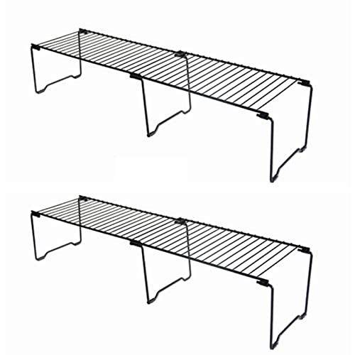 VANLAMNI Expandable Kitchen Counter and Cabinet Storage Shelf, Steel Rack Organizer for Kitchen, Cabinet, Bathroom,Black,2 Pack