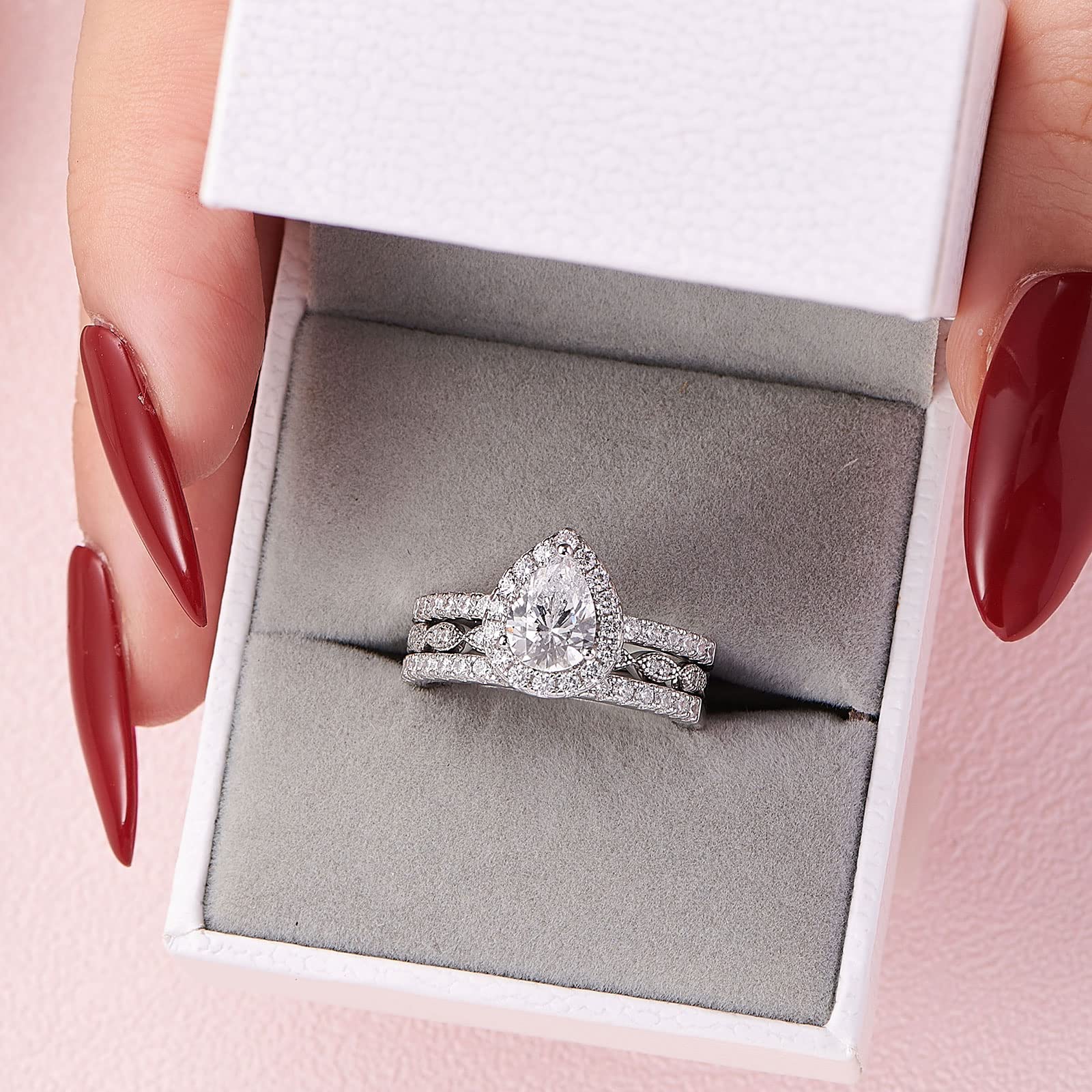 Wuziwen Halo Pear Cut Wedding Ring Set CZ Engagement Rings for Women 925 Sterling Silver Size 6