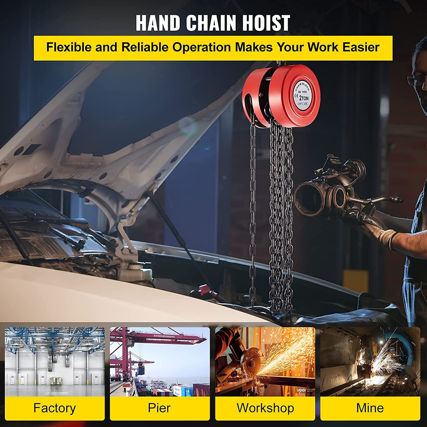 VEVOR Hand Chain Hoist, 4400 lbs /2 Ton Capacity Chain Block, 8ft/2.5m Lift Manual Hand Chain Block, Manual Hoist w/Industrial-Grade Steel Construction for Lifting Good in Transport & Workshop, Red
