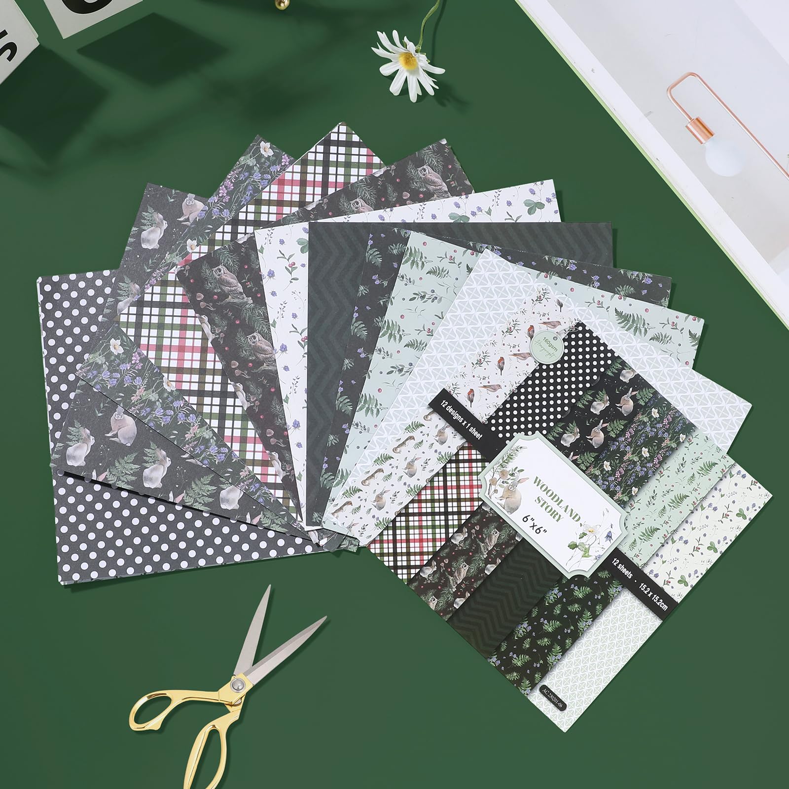 PUIKSXER 24 Sheets Forest Themed Scrapbook Paper, 6 x 6 Inches Animals Green Leaves Dots Pattern Paper Single-Sided Decorative Cardstock for Junk Journal Card Making Background Paper