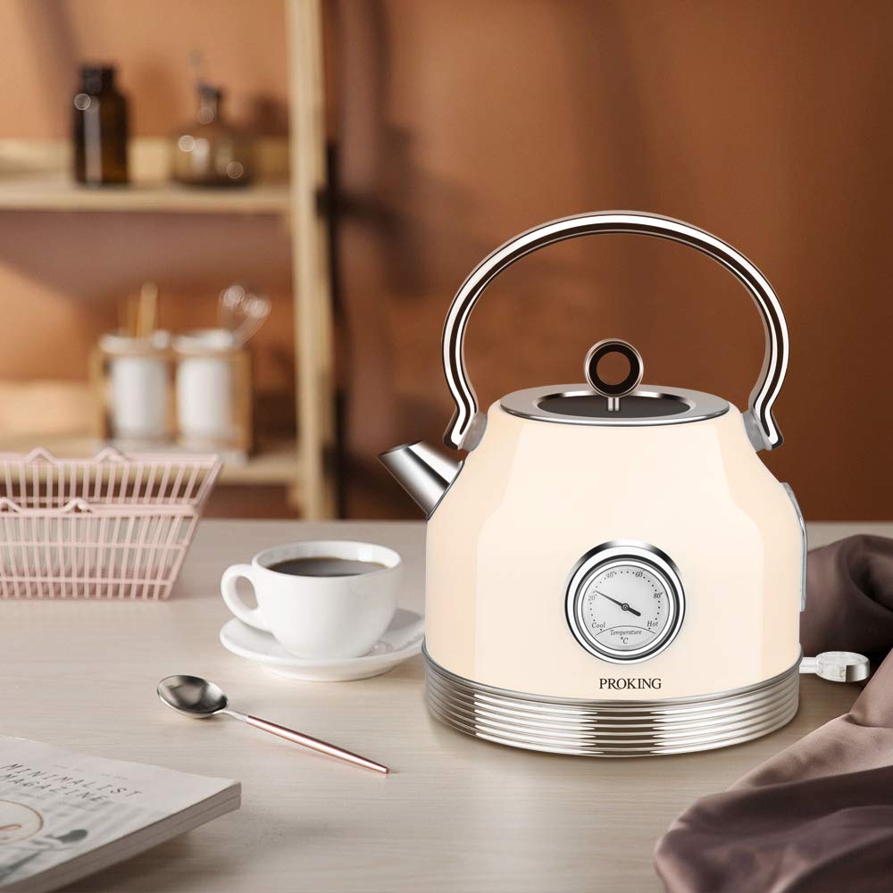 Retro Electric Kettle Stainless Steel 1.7L Tea Kettle, Hot Water Boiler with Thermometer&Led Light, Fast Boiling, Auto Shut-Off&Boil-Dry Protection (Beige)