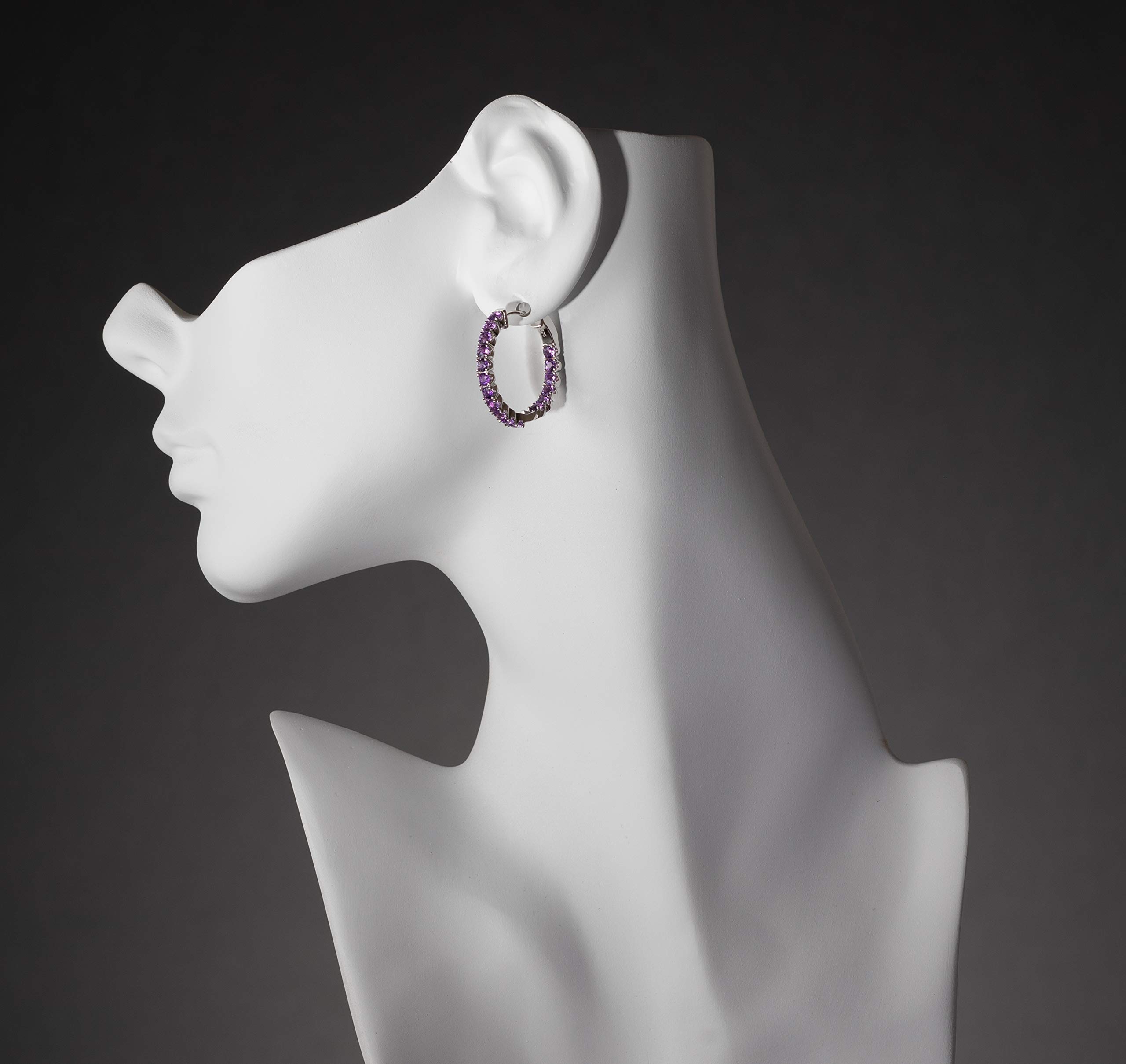 Peora Amethyst Hoop Earrings for Women in Sterling Silver, Inside-Out Design, Natural Gemstone Birthstone, 3.50 Carats total Round Shape, Click Lock