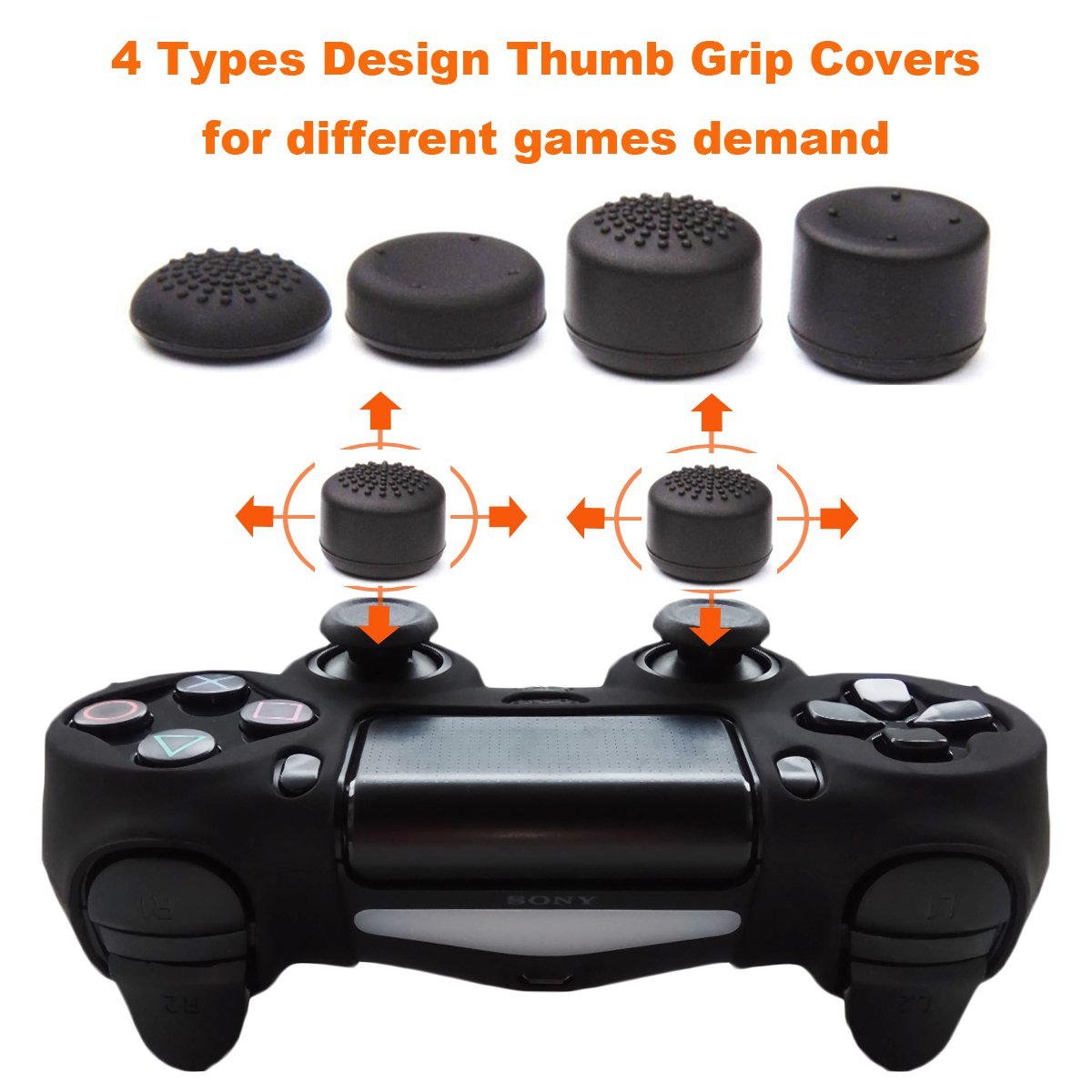 Pandaren PS4 Controller Grip,STUDDED Anti-slip PS4 Controller Cover Silicone Skin for PS4 /SLIM/PRO controller(Black controller skin x 1 + FPS PRO Thumb Grips x 8)