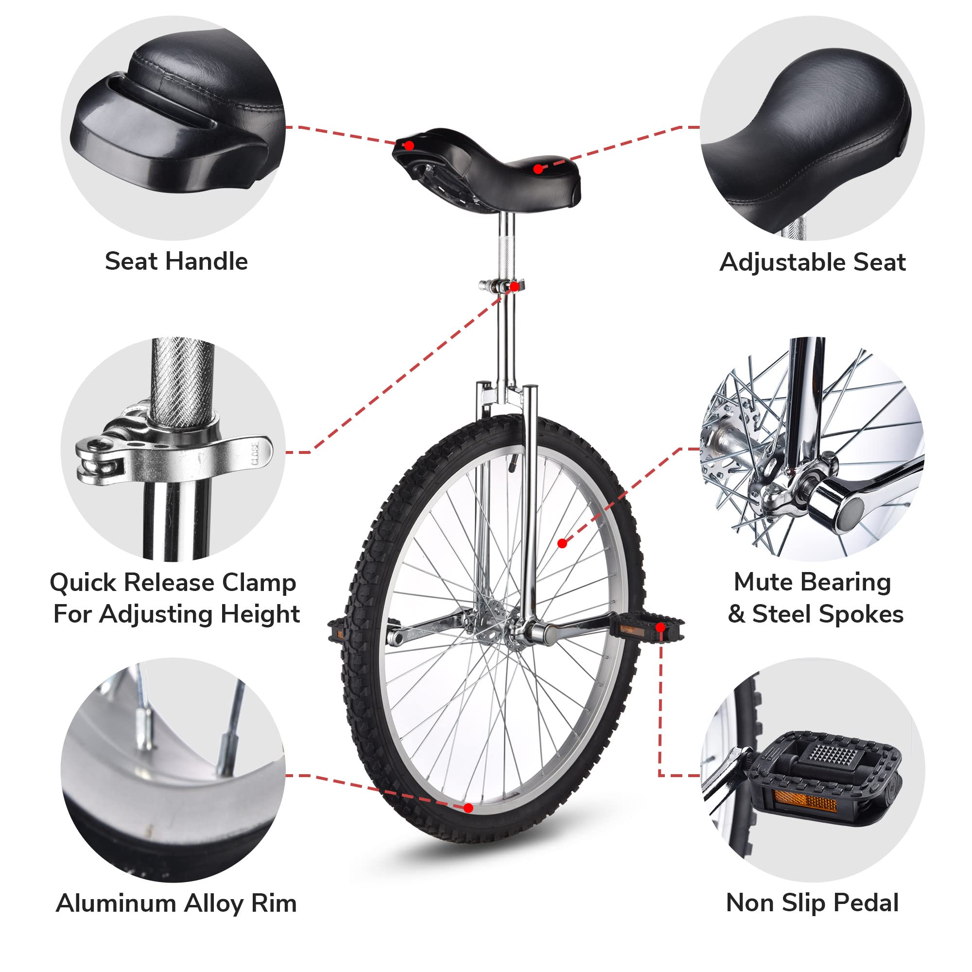 OEM Control Best Gift Chrome Polished 24 Inch in 24" Mountain Bike Wheel Frame Unicycle Cycling Bike with Comfortable Release Saddle Seat