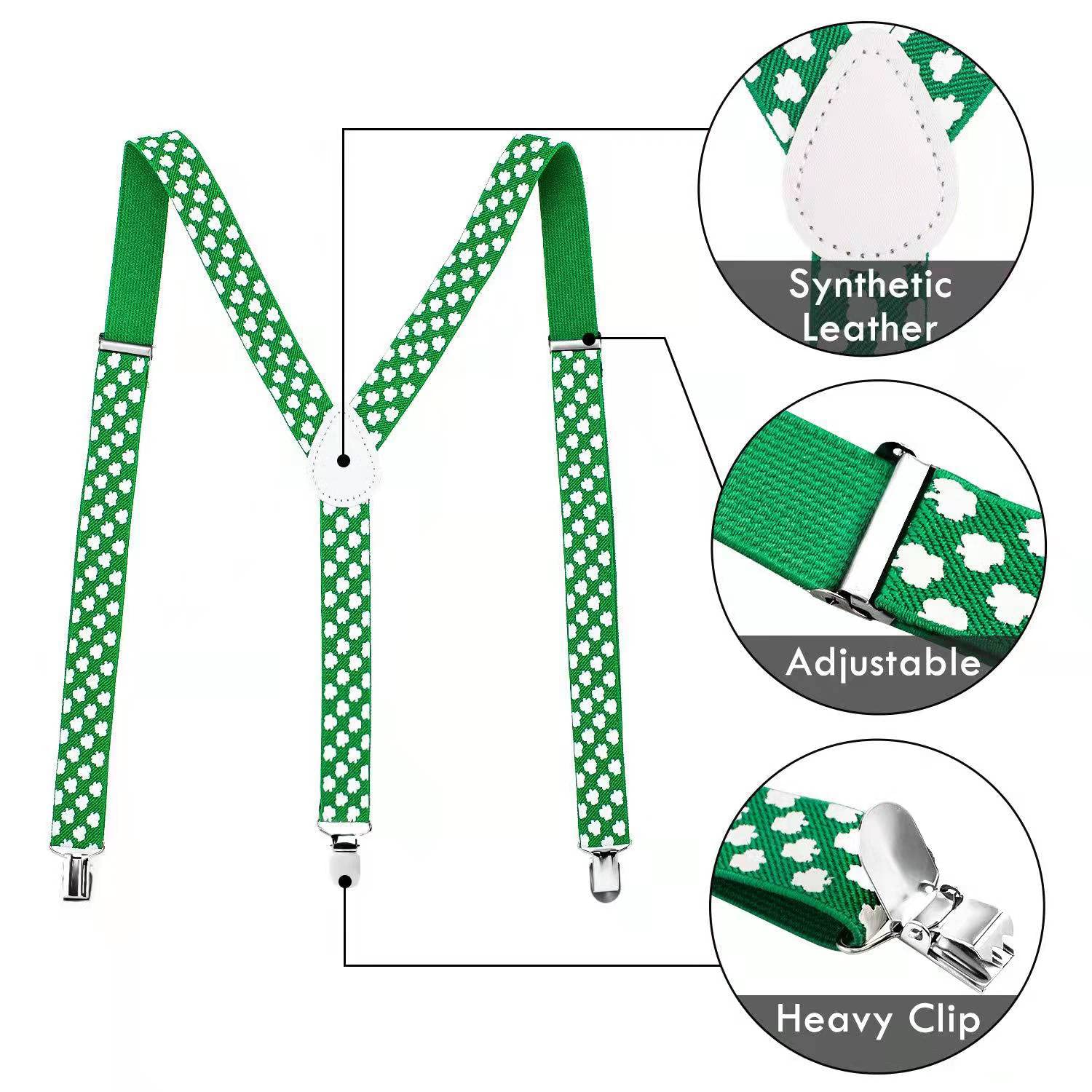 Vnrglix St Patricks Day Suspenders for Men Women Saint Patrick's Day Accessories Irish Suspenders with White Shamrocks Clovers