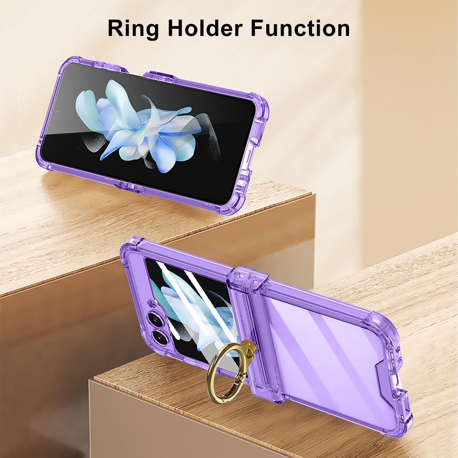 PUROOM for Samsung Galaxy Z Flip 5 Case Hinge Protection Luxury Soft Transparent with Ring Holder Built-in Screen Protector All-Inclusive Shockproof Case (Purple)