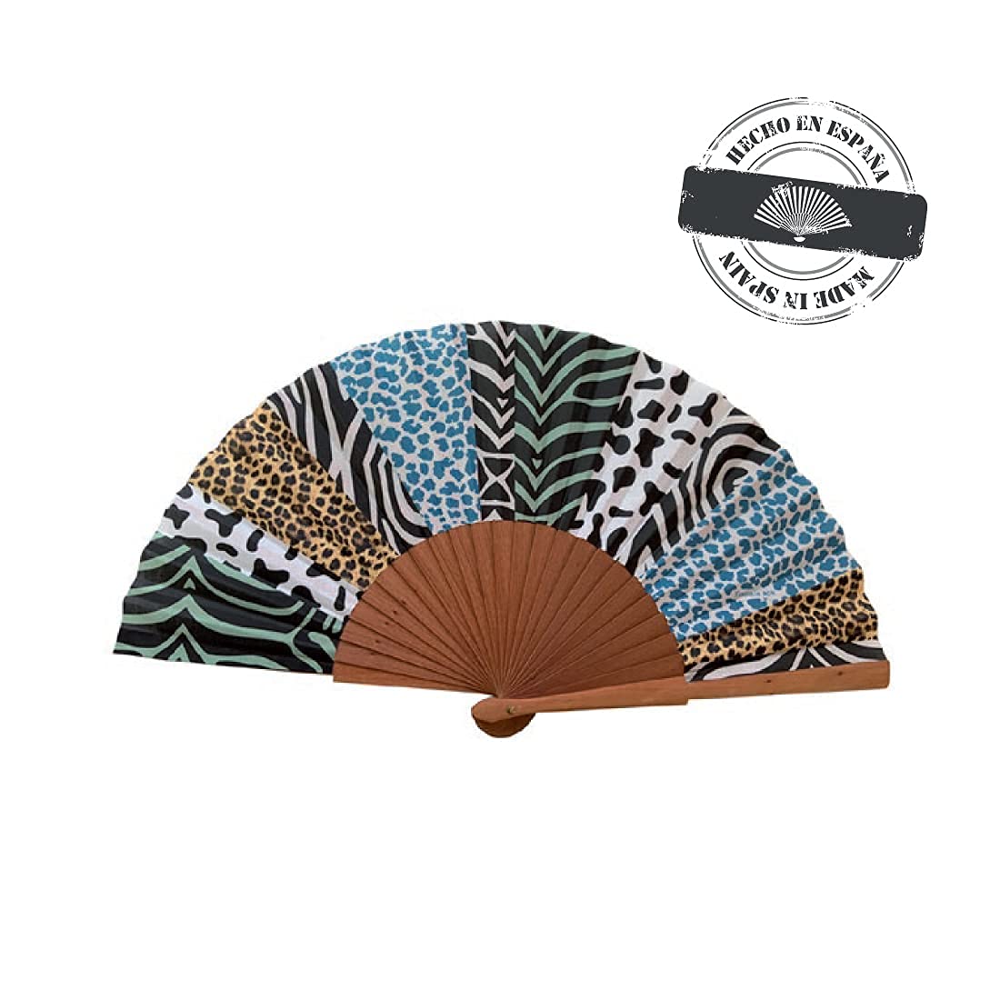 Tusitala Barcelona - Safari Hand Fan | Handcrafted Spanish Hand Fan | Cotton Fabric and Wood | Includes Protective Jute Cotton Bag | Authentic Gift | 23cm - 9”.
