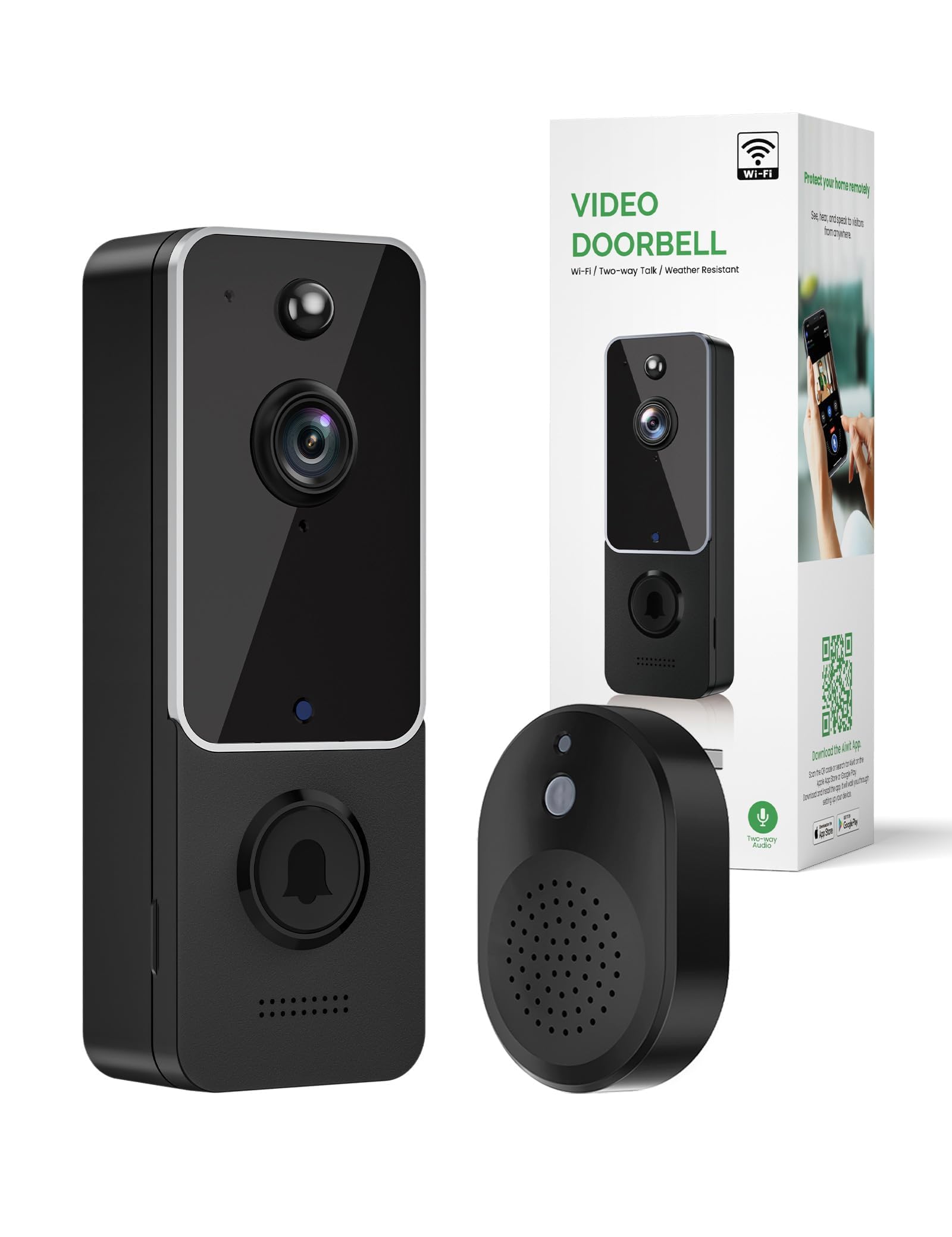SJCODE Smart Video Doorbell Security Camera Outdoor Included Ring Chime, Wireless and Battery Powered, 2 Way Audio, Human Detection, Night Vision, Cloud Storage, for Indoor/Outdoor Surveillance