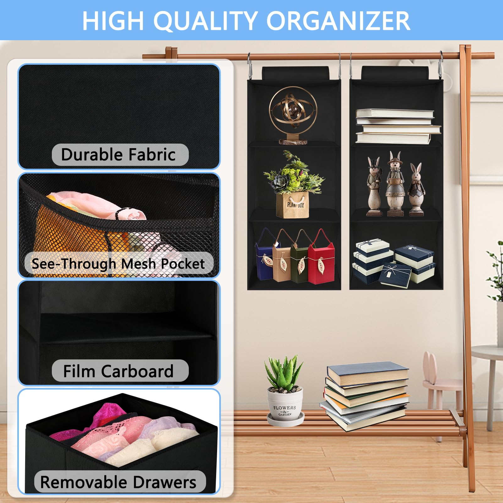 punemi 2 Pack 3-Shelf Hanging Closet Organizer and Storage, Hanging Closet Storage Organizer with Drawers, Foldable Hanging Shelves for Closet, Wardrob, 22.8" D x 11" W x 11" H, Black