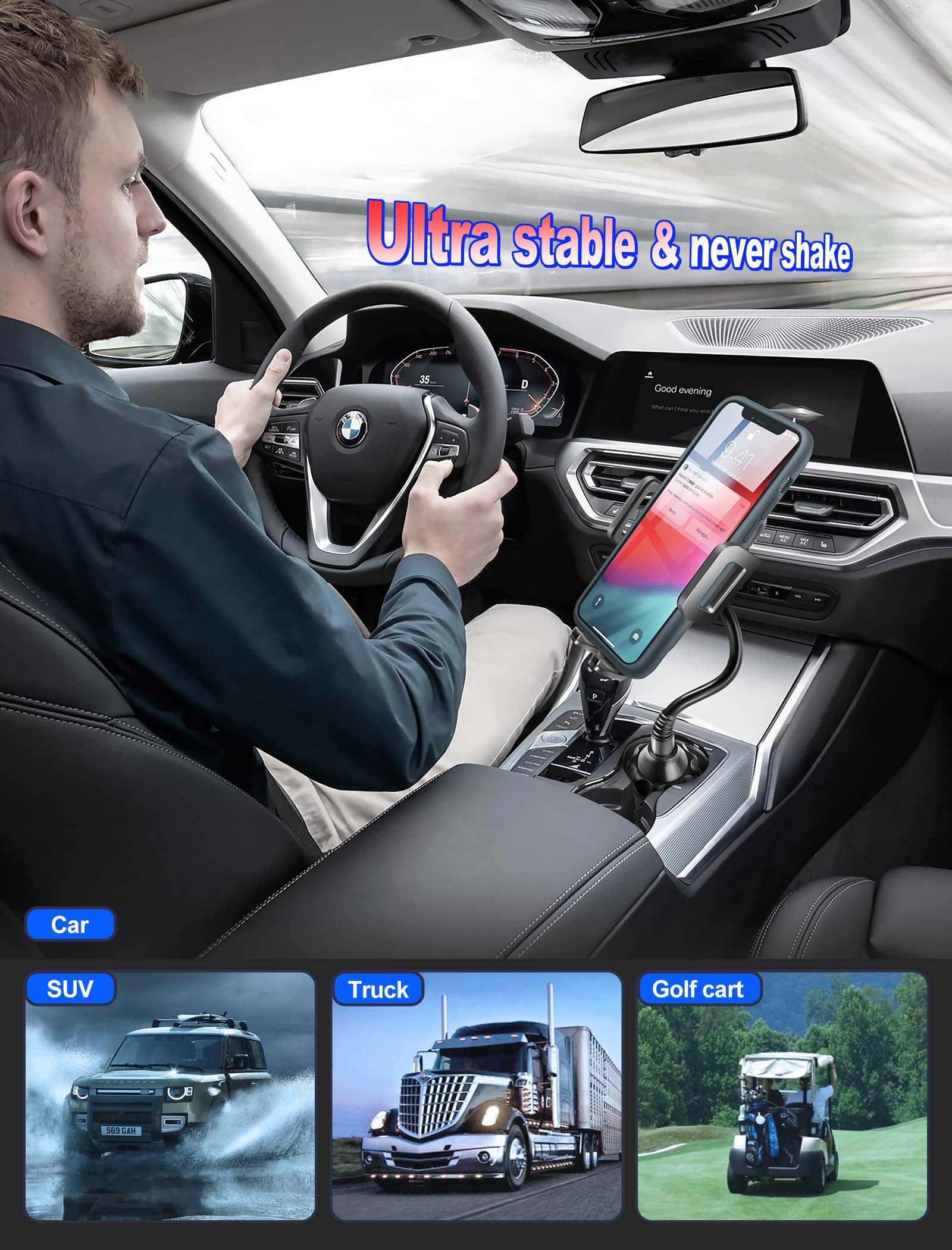TOPGO [Upgraded Car Cup Holder Phone Mount Adjustable Gooseneck Automobile Cup-Holder-Phone-Car-Mount for iPhone 14 Samsung(Black+Blue)