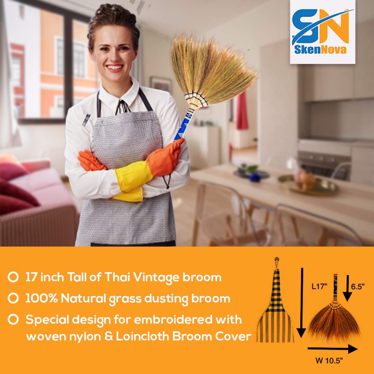 SKENNOVA - 17 inch Tall of Thai Vintage Dusting Brush Broom Asian Grass Broom for dusting Dirt and dust