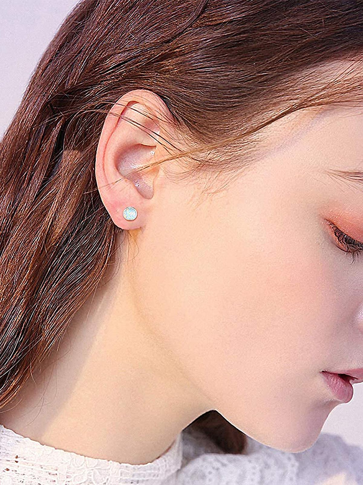 TANGPOET White Fire Opal Studs Screw Back Earrings for Women Sterling Silver Hypoallergenic Twist Back Earrings for Sensitive Ear Jewelry Birthday Gifts