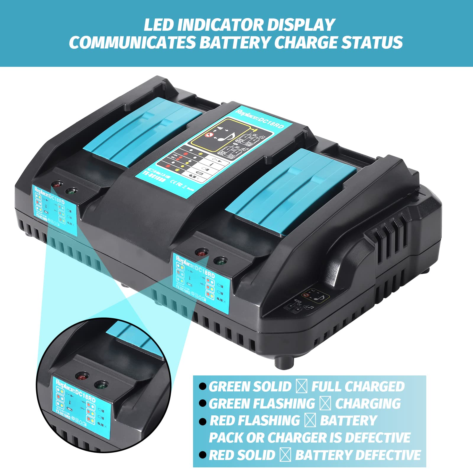 YEX-BUR DC18RD 18V Battery Charger Power Tools 6A Fast Dual Ports Charger for MT 14.4V 18V Lithium ion Battery BL1830B BL1850B BL1860B BL1430 BL1440B BL1450