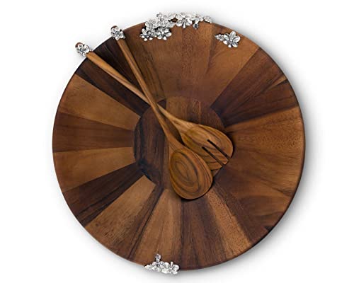 Vagabond House Wood Salad Bowl and Servers Lilacs Pattern 16 inch Diameter 4.5 inch Tall