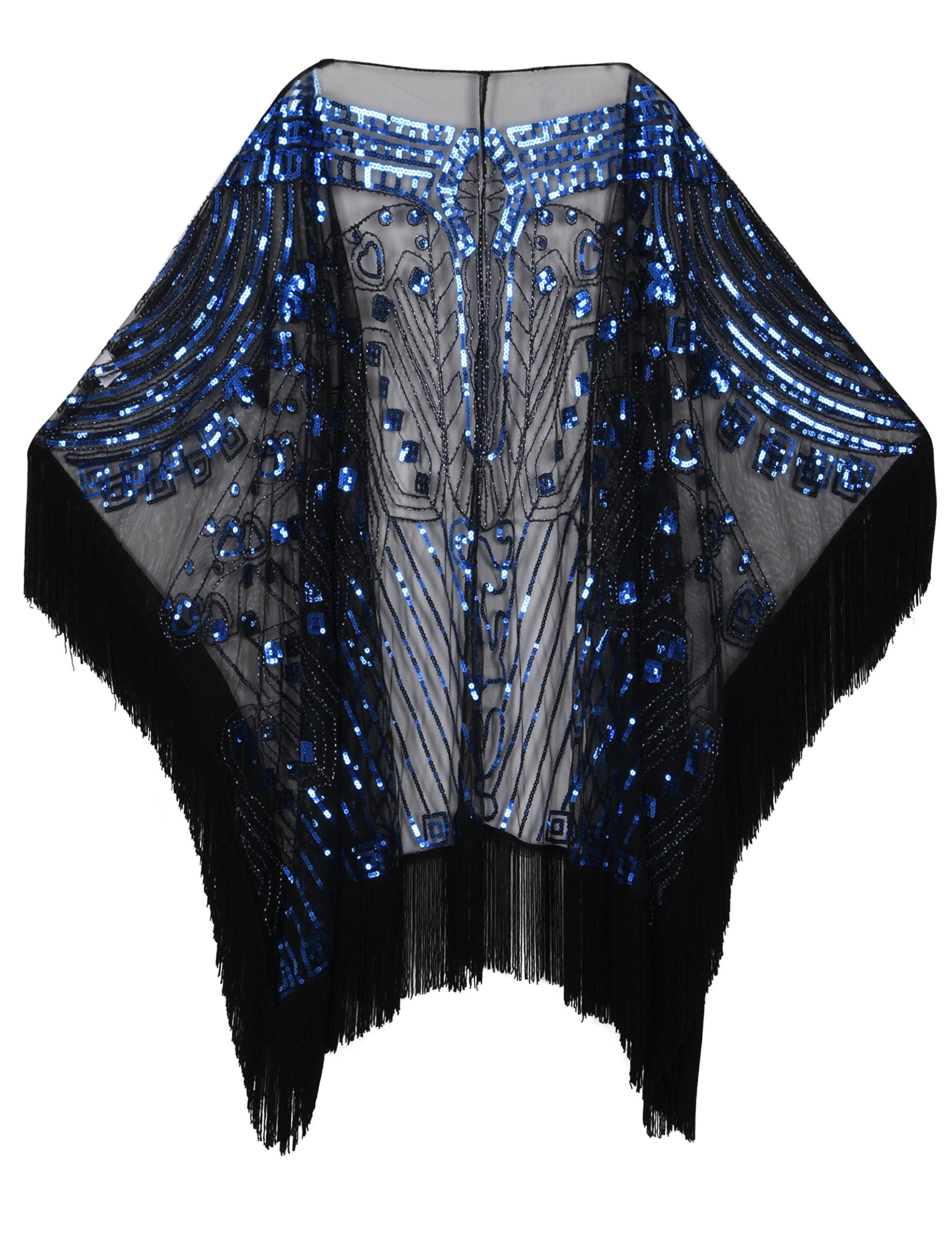 PrettyGuide Women's 1920s Shawl Beaded Evening Wrap Open Front Fringed Cape Black