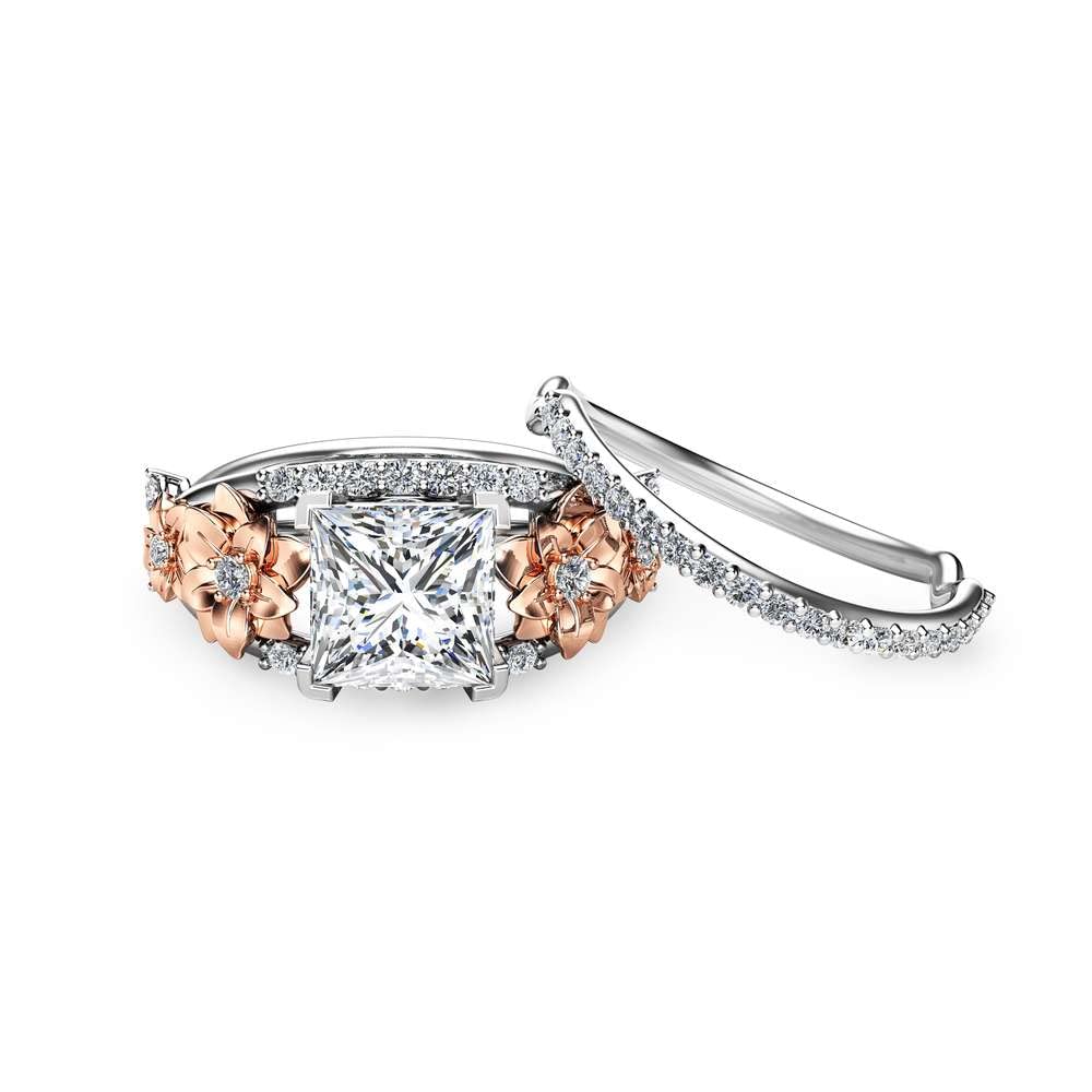 Sunargi 3 Ct Princess Cut White Diamond Two Tone Floral Wedding Engagement Ring Set with Matching Band for Unisex 925 Sterling Silver White & Rose Gold Finish (Silver, 7.5)