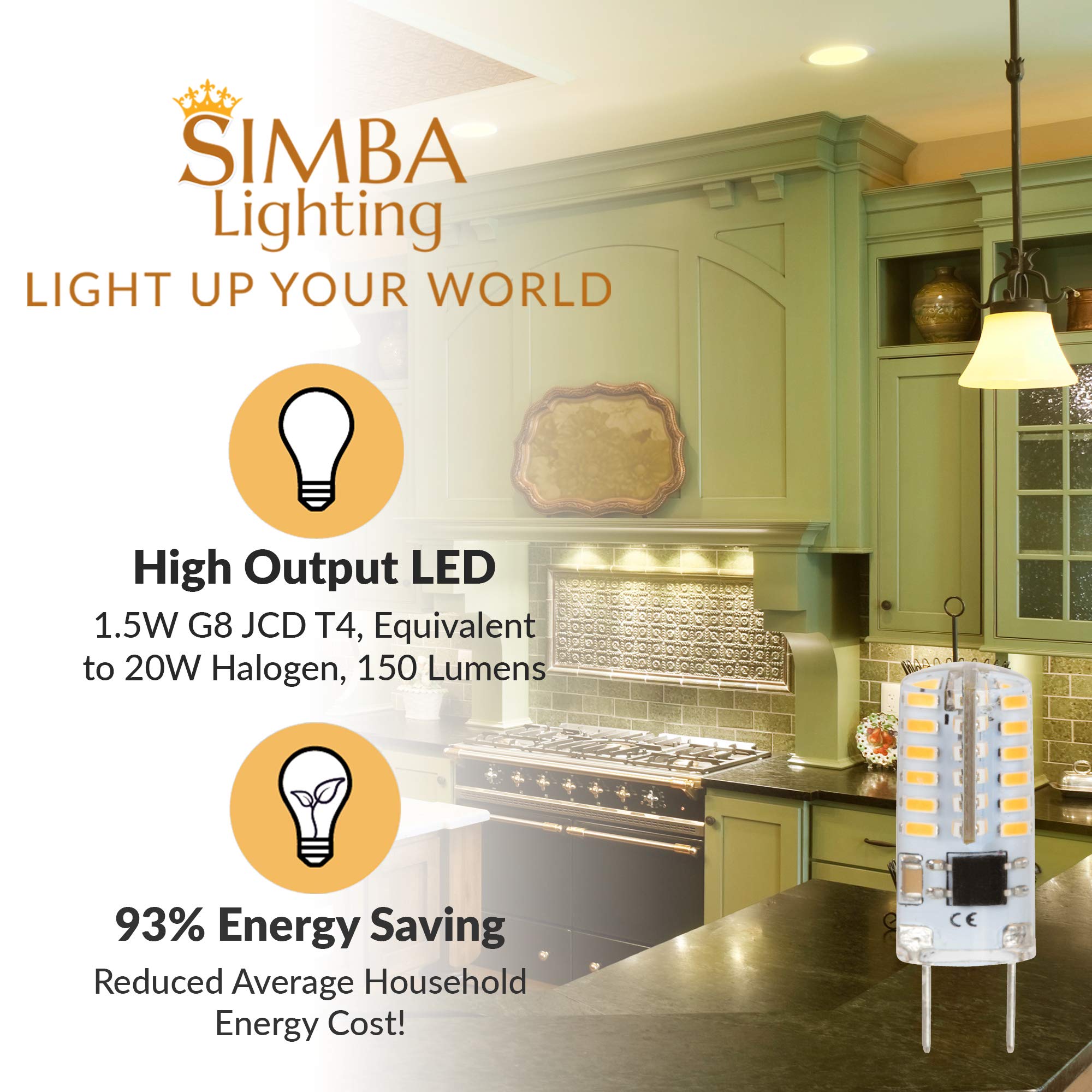 Simba Lighting G8 LED Dimmable Light Bulb (5 Pack) 1.5W T4 37mm 20W Halogen Replacement for Accent Lights, Under Cabinet Puck Light, Desk Lamps, Pendant Lights, 120V JCD Bi-Pin Base, Soft White 3000K