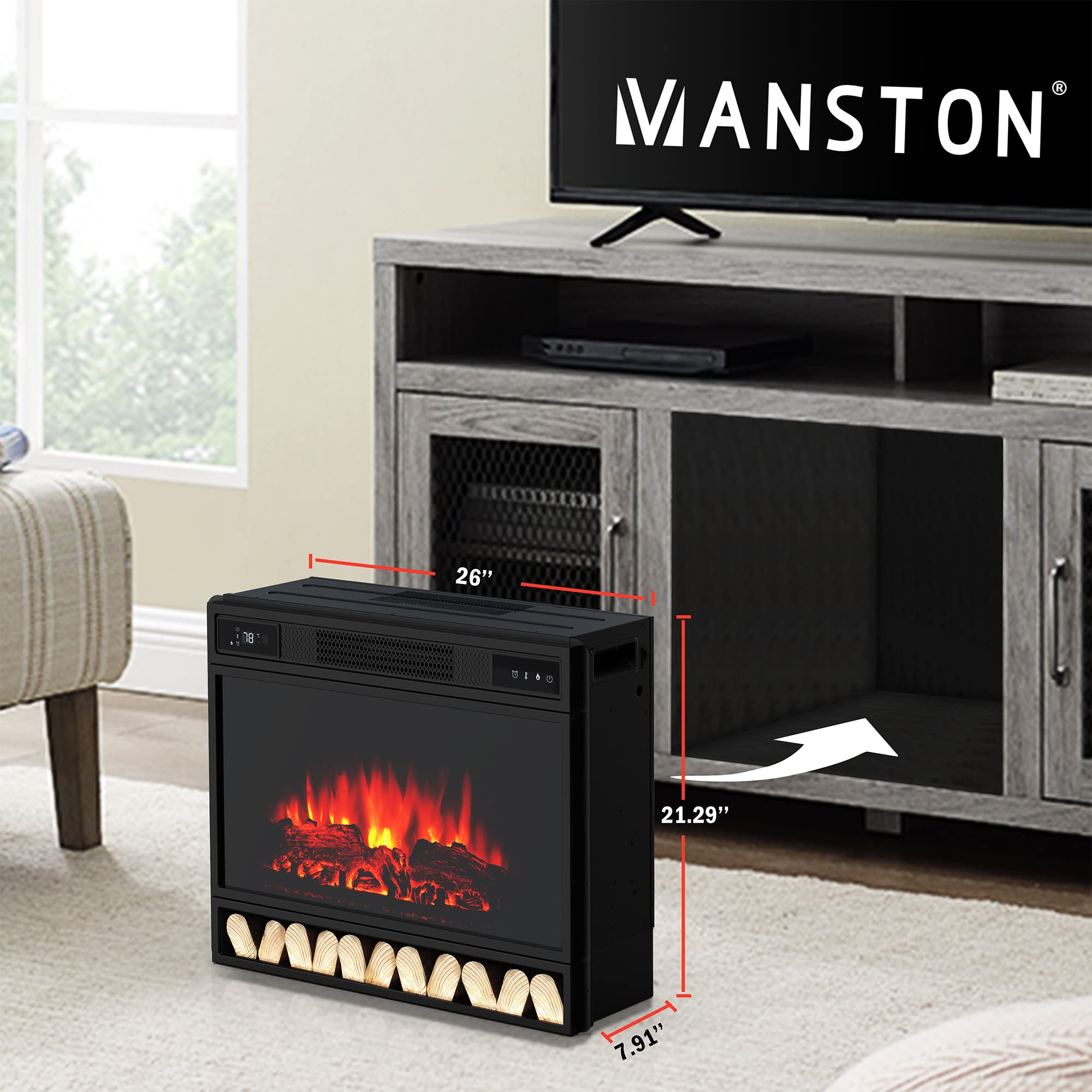 VANSTON Recessed Electric Fireplace 26'', Electric Fireplace Insert with Timer and Child Lock, Electric Fireplace with Remote and Storage of Wooden Decorations, Black,25 63/64 Inches