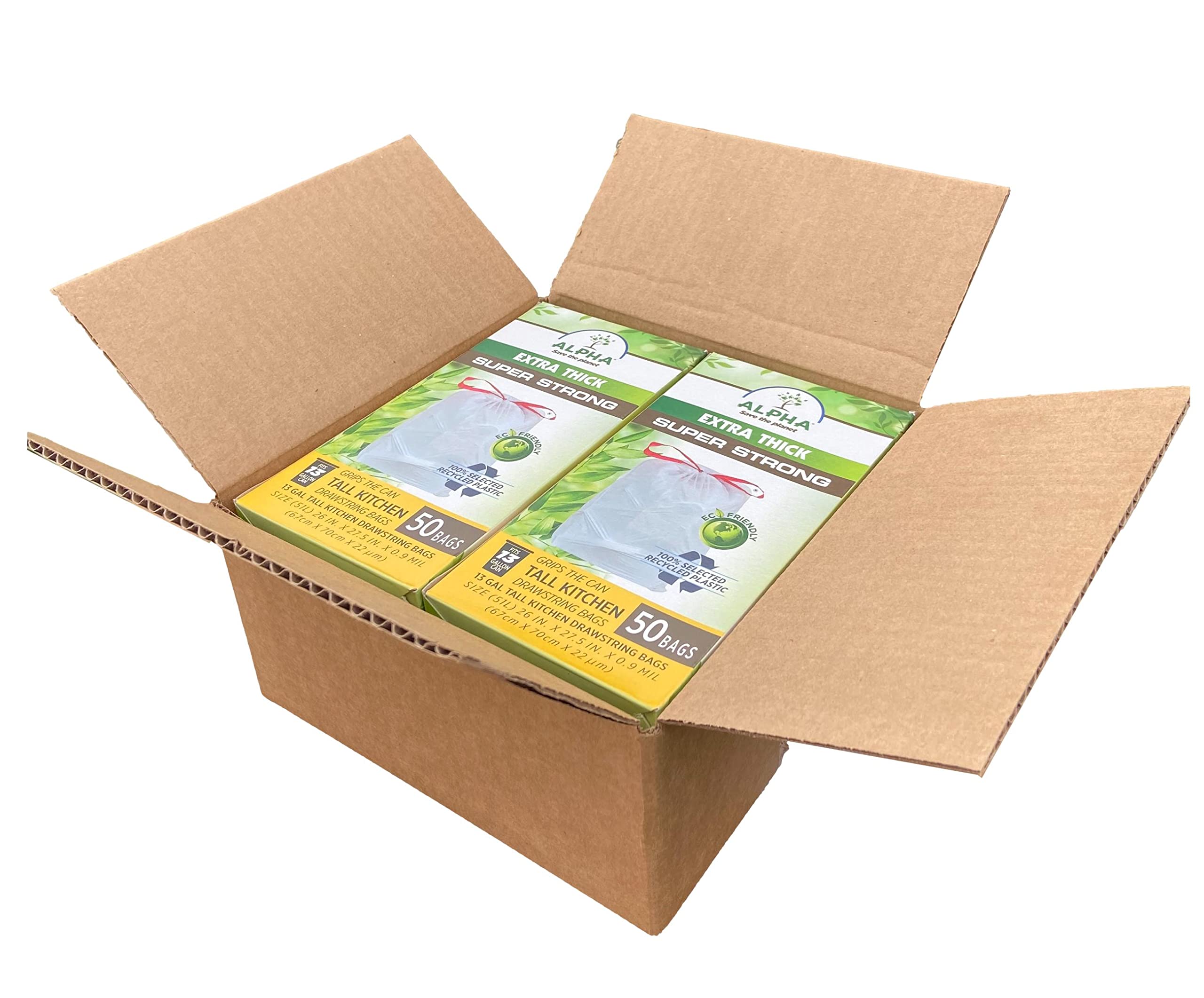Tall Kitchen Drawstring 13 Gallons Trash Bags Extra Thick Super Strong, Eco Friendly Made By0 Recycled Material (100)