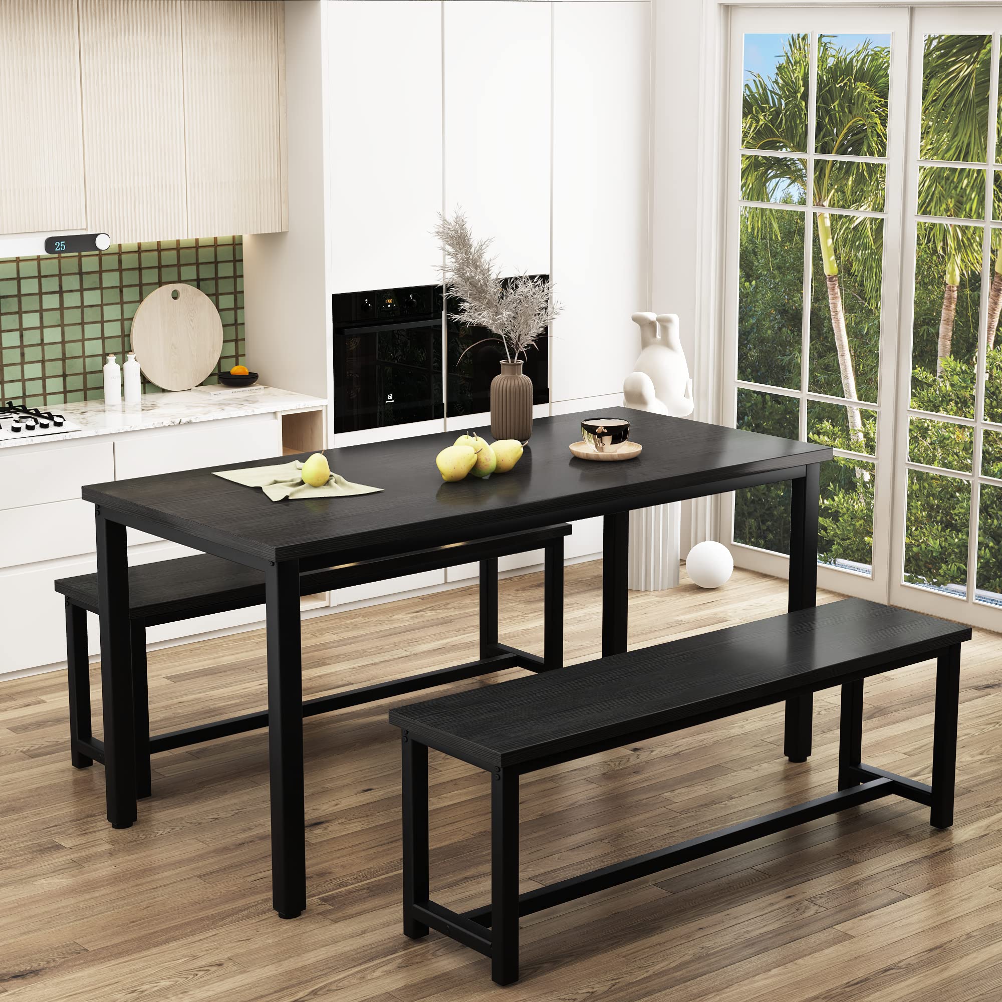 Recaceik Dining Room Table Set for 6, 55'' Kitchen Table Set with 2 Dining Benches, 3 Piece Industrial Dining Table Set for 4-6 Farmhouse Dinette Set for Home Kitchen Restaurant, Rustic Brown