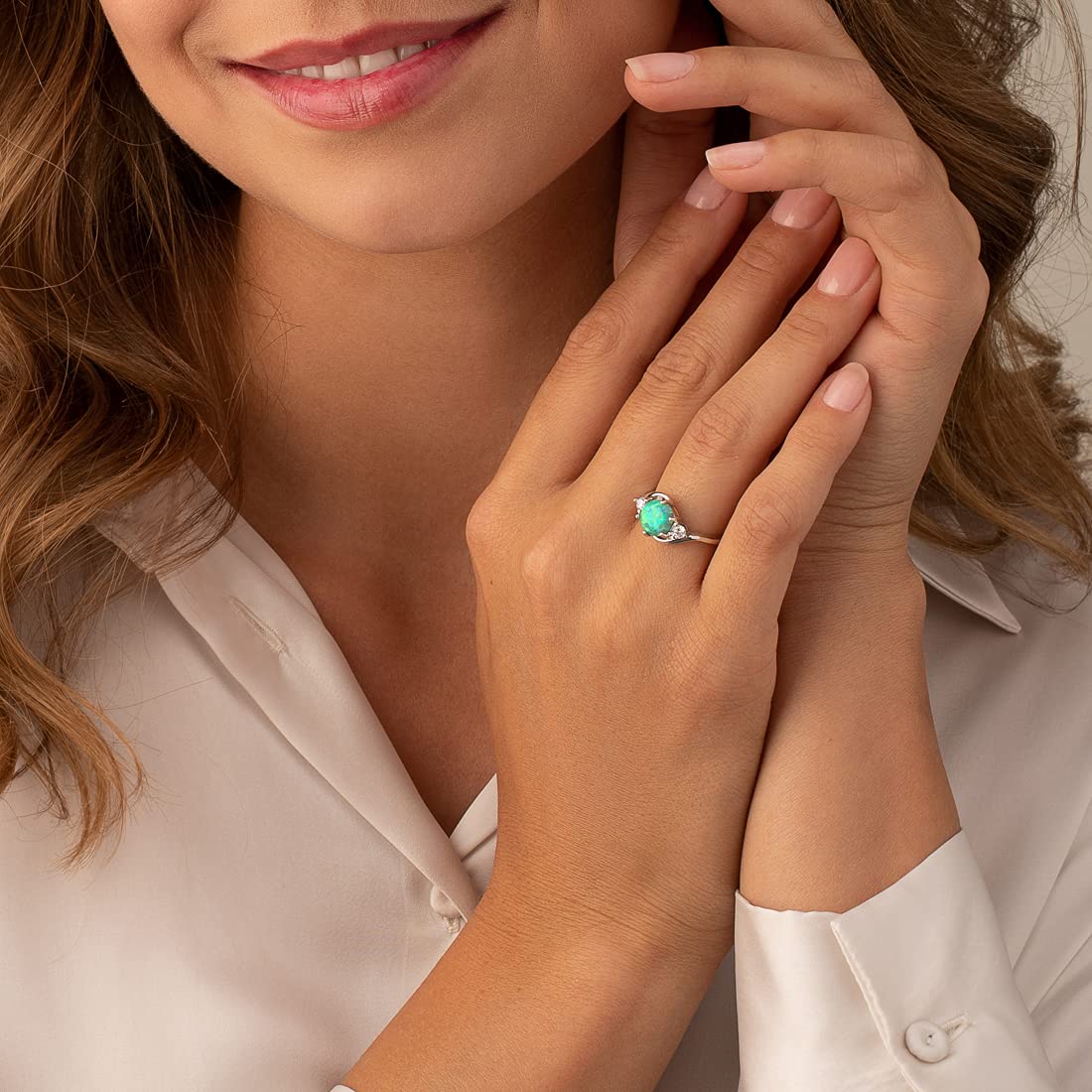 PEORA Created Green Fire Opal Ring for Women 925 Sterling Silver, Stunning Three Stone Design, 1.25 Carats Round Shape 8mm, Size 7