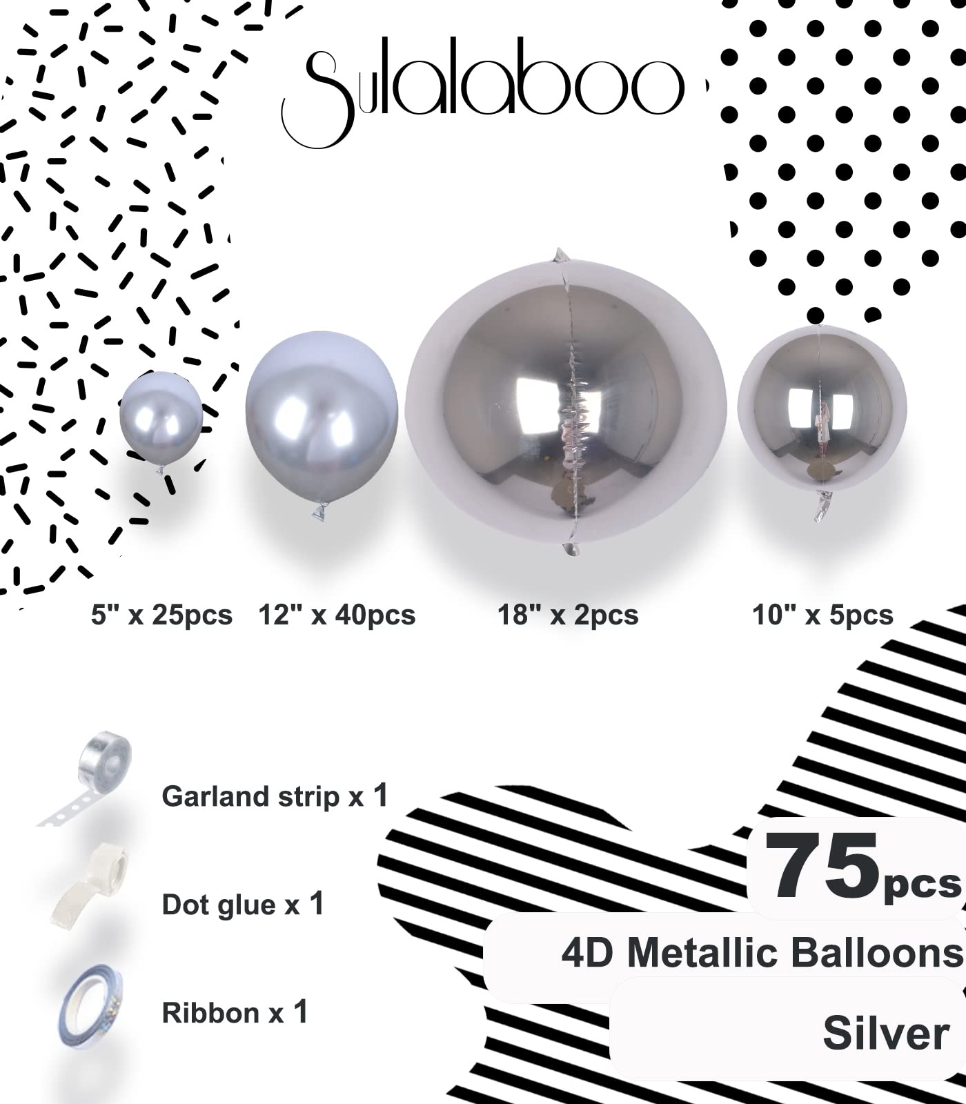 SULALABOO Silver Metallic Balloons Arch Garland Kit 75PCS Shiny Helium Latex Chrome Shiny Different Size Balloon Set for Birthday Anniversary Baby Shower Wedding Party Decorations