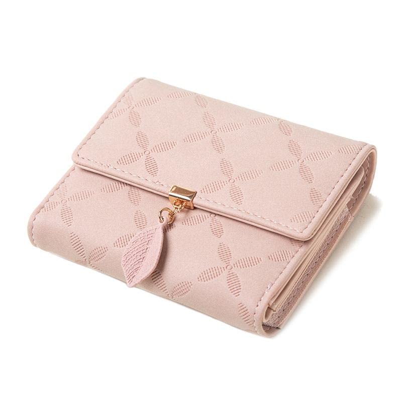 YLFERIF Small Wallet Women Leaf Pendant Womens Wallet Trifold Thin Wallet for Women Coins Zipper Pocket With ID Window Small Size Grey (Pink)
