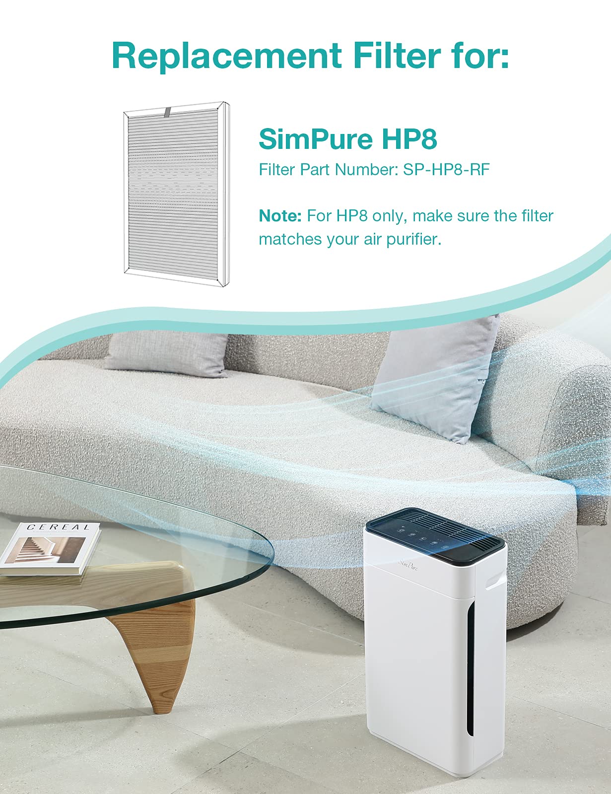 SimPure HP8 Original HEPA Replacement Filter Compatible with SimPure HP8 Air Purifier, SP-HP8-RF (NOT for Other SimPure Air Purifiers)