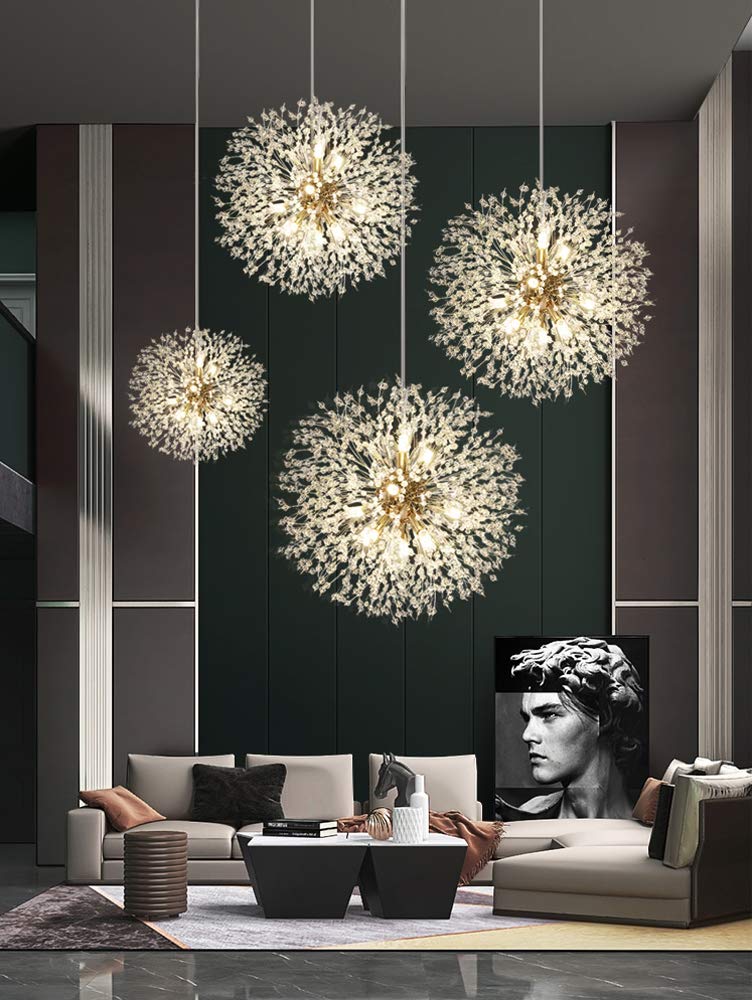 Qamra Modern Crystal Gold Chandeliers, Firework Dandelion Sputnik Chandelier Light Fixture Pendant Lighting for Dining Room, Bedroom, Kitchen, Living Room(12-Light, Gold)