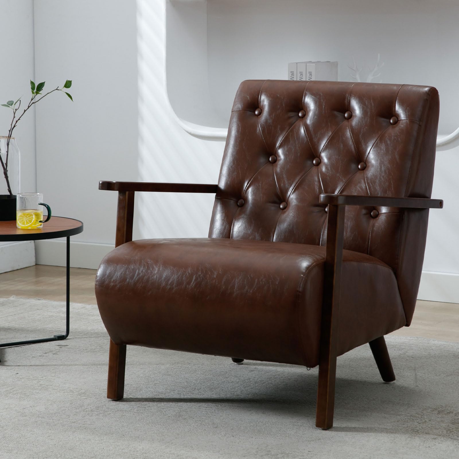 OUK-BT W395 Mid Century Modern Accent, Upholstered Armchair with Solid Wood Frame,Microfiber Leather Spots,Comfy Retro Leisure Reading Chair for Living Room, Bedroom, Brown