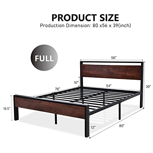 SHA CERLIN 14 Inch Full Size Metal Platform Bed Frame with Wooden Headboard and Footboard, Mattress Foundation, No Box Spring Needed, Large Under Bed Storage, Light Mahogany