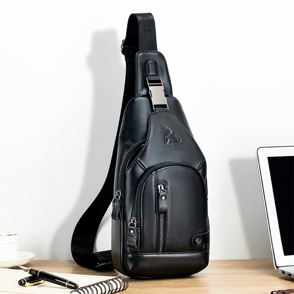 pundarika Leather Sling Bag for Men,small Crossbody Shoulder bag for men,men’s shoulder pack crossbody sling backpack.-black