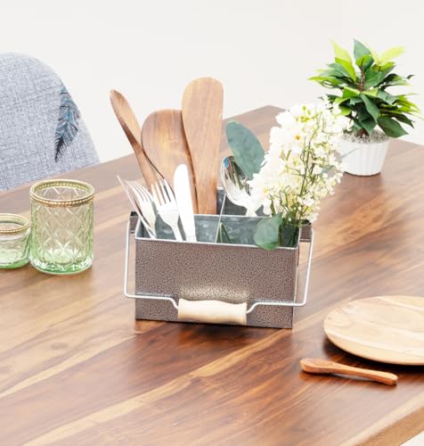THE ARTIQUE Handmade Farmhouse Galvanized Metal Condiments Square Caddy with Silver Texture and Foldable Handle for KItchen Utenlsils, Dinning Table, Silverware, Picnic, Party Etc-SILVER ANTIQUE