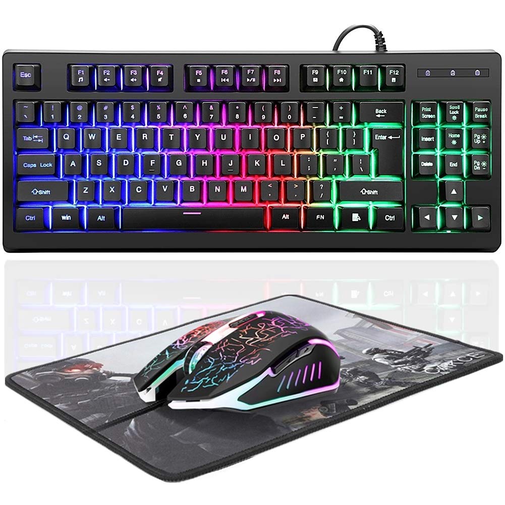 RGB 87 Keys Gaming Keyboard and Colorful Mouse Combo,USB Wired Backlit Mechanical Feeling Gaming Keyboard and Gaming Mouse for Laptop PC Computer Game and Work