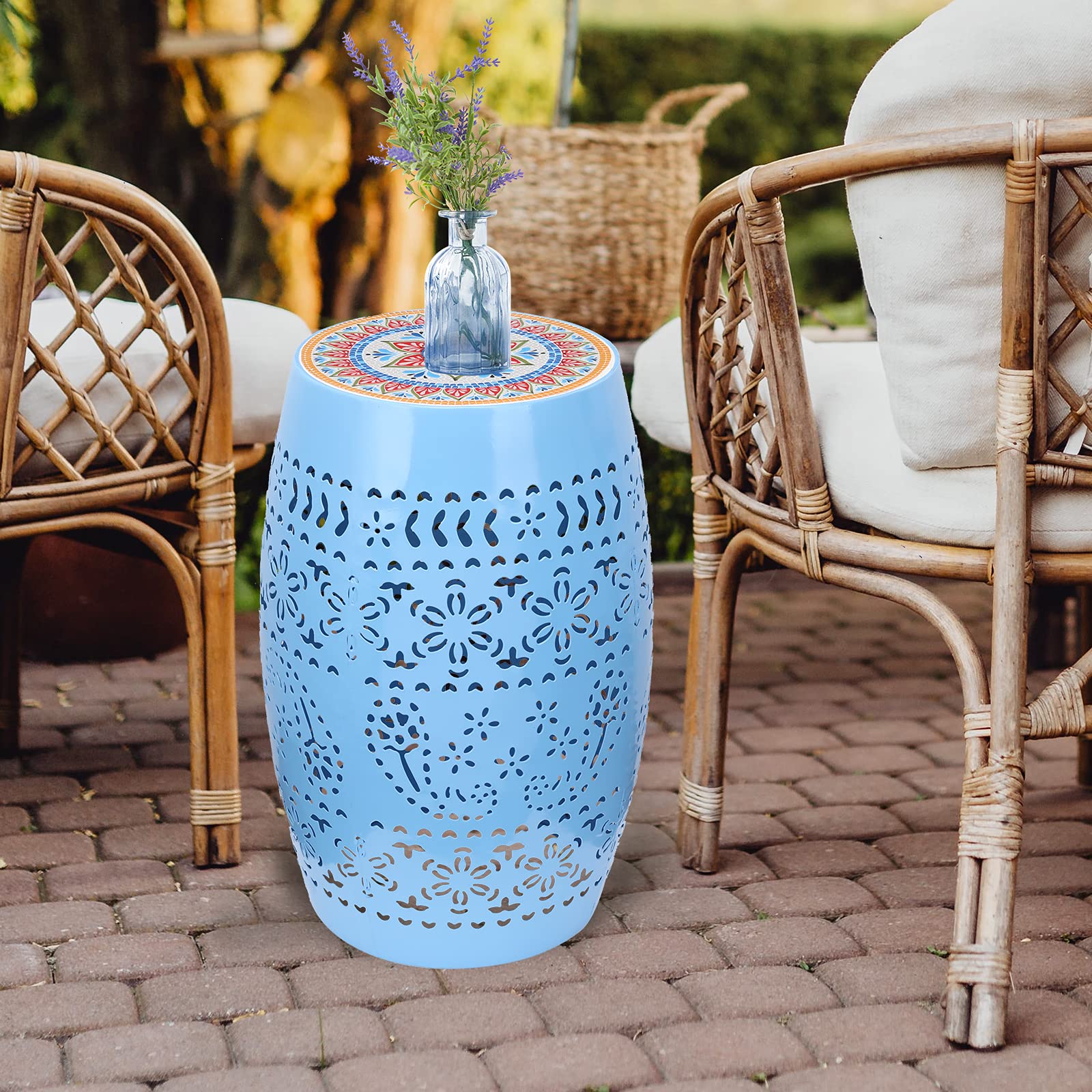 Patio Accent Table Outdoor Mosaic Side Table Metal End Table Lace Cut Outside SideTable with Tile Top Outdoor Coffee Table Garden Stool