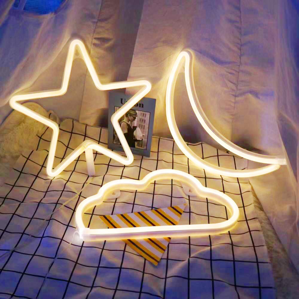 Star Moon and Cloud Neon Night Sign Decorative LED Light Art Wall Decor for Bar Bedroom Birthday Party Decor Powered by Battery/USB (Warm White)