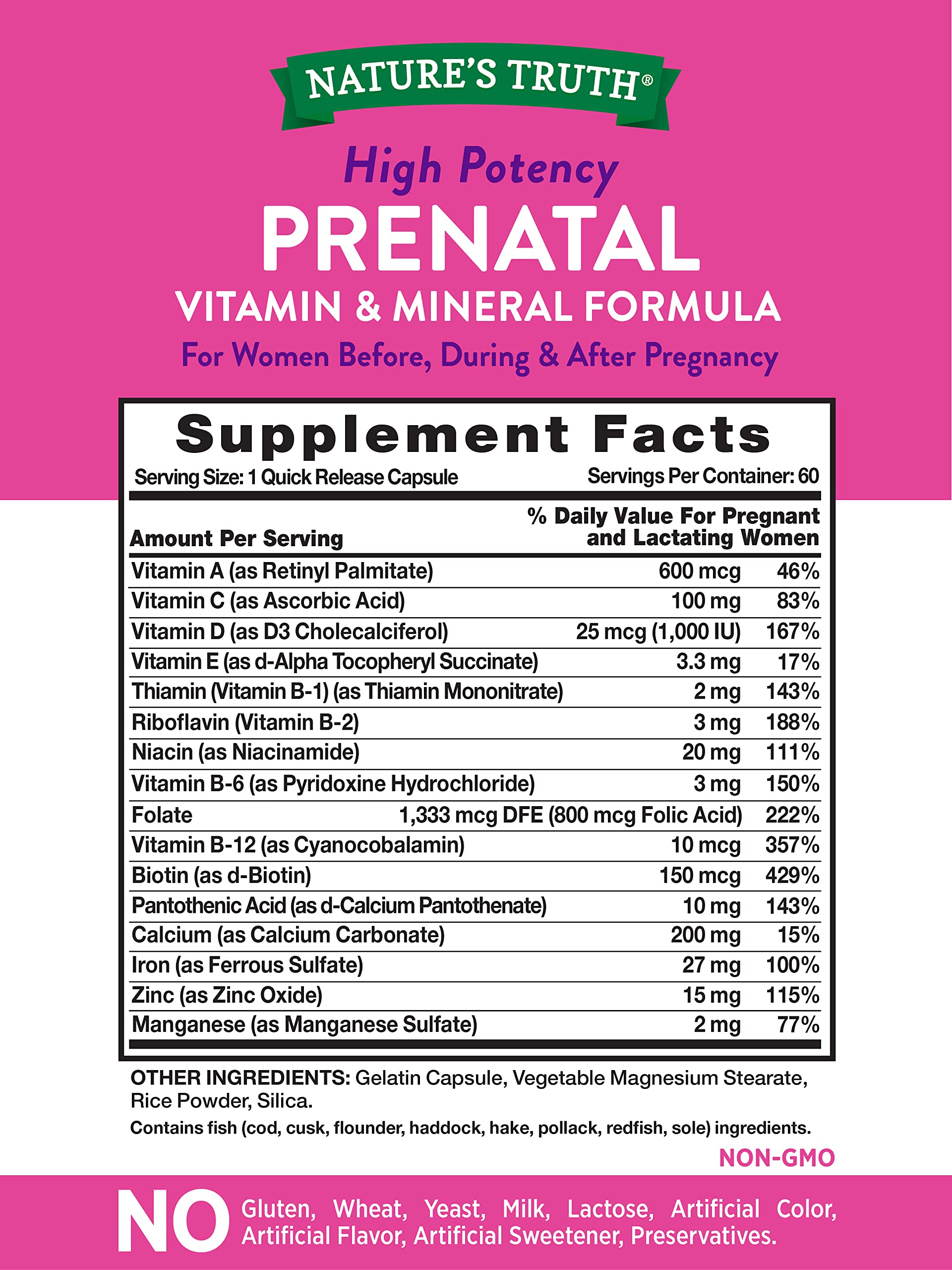 Prenatal Vitamins With Folic Acid | 60 Capsules | Non-GMO & Gluten Free Supplement | By Nature's Truth