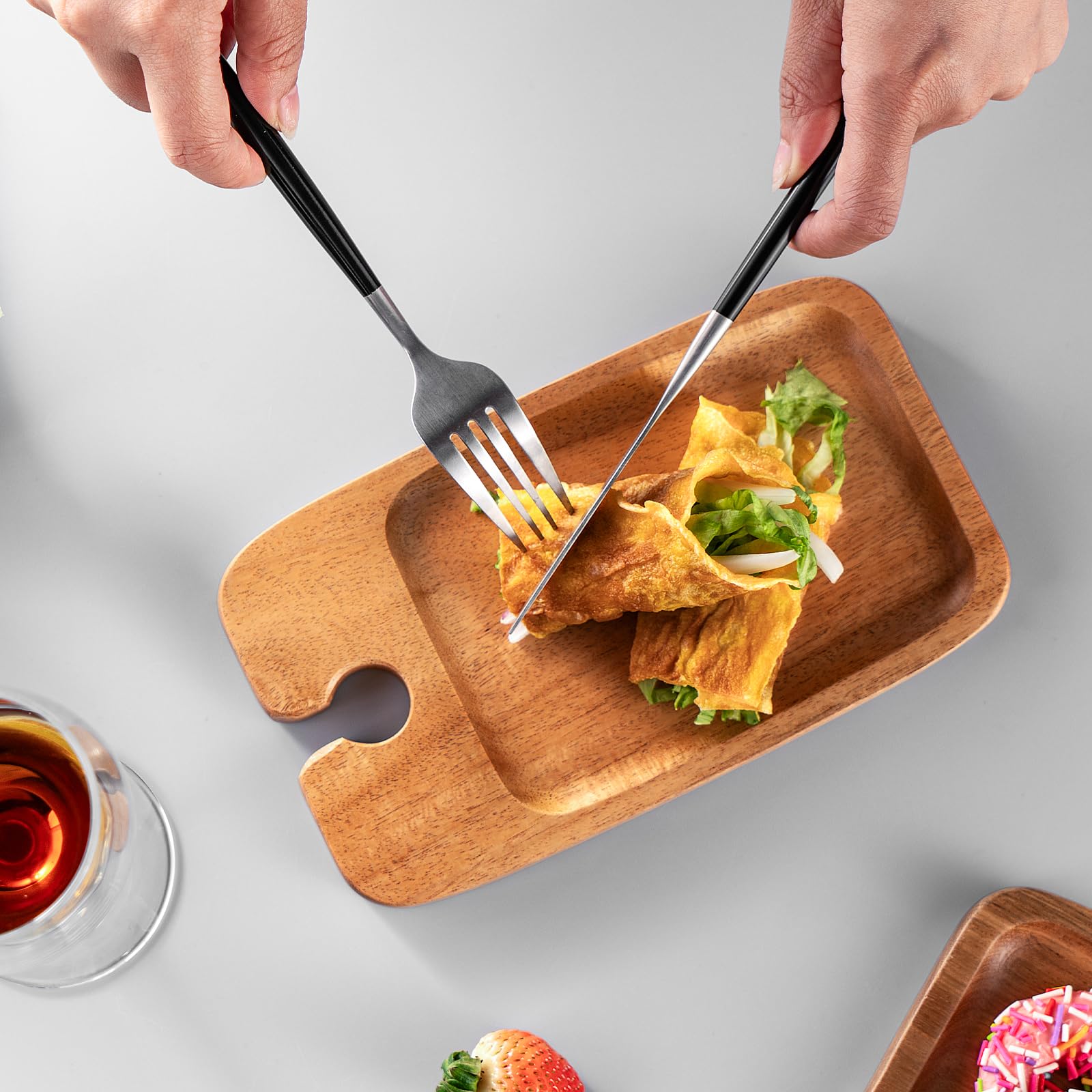 Wine Appetizer Serving Board, James.F Picnic Plate Set of 2, Acacia Wooden Serving Tray with Wine Holder, Mini Charcuterie Cheese Serving Boards Sets for Parties