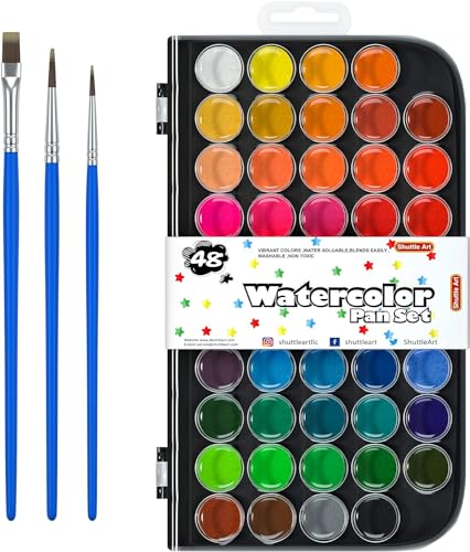 Shuttle Art Watercolor Paint Set, 48 Colors Watercolor Paint Pan Set with 3 Paint Brushes for Beginners, Artists, Kids & Adults to Watercolor Paint, Bullet Journal, Calligraphy Practice