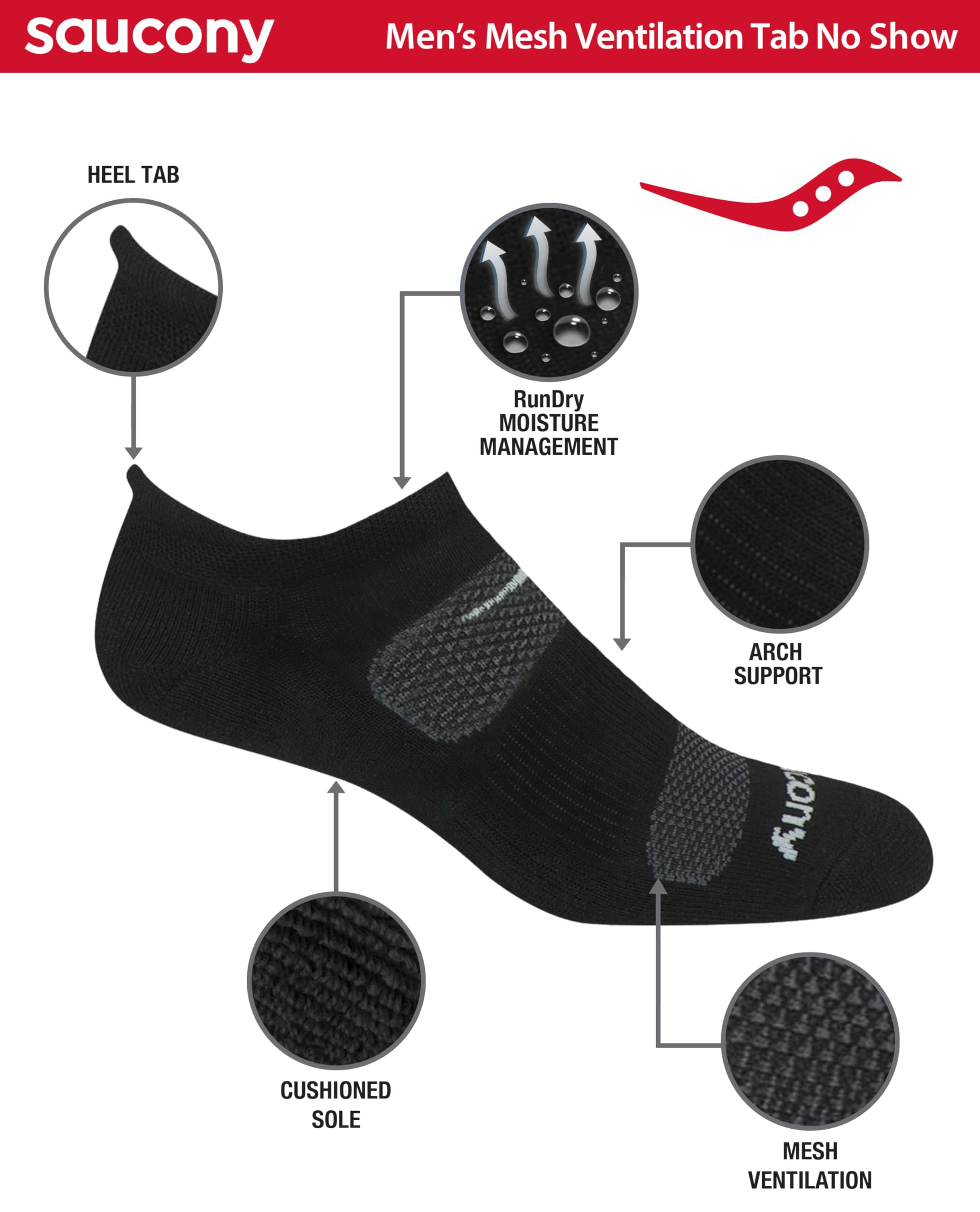 Saucony Men's Mesh Ventilating Comfort Fit Performance Tab Socks, 6/12, M-XL, Black (6 Pairs), Large