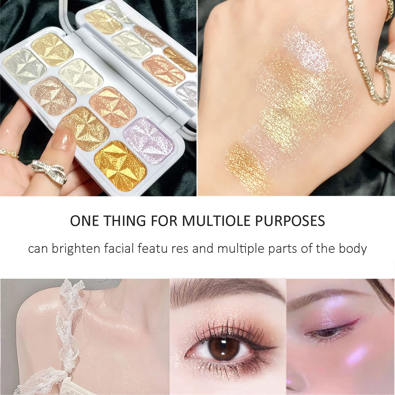 SUMEITANG 8 Colors Face Highlighter Makeup Palette,Shimmer Glitter Multichrome Highlight Powder,All Sparkling Shades Can Be layered or Worn Individually to Enhance and Brighten Your Face Features