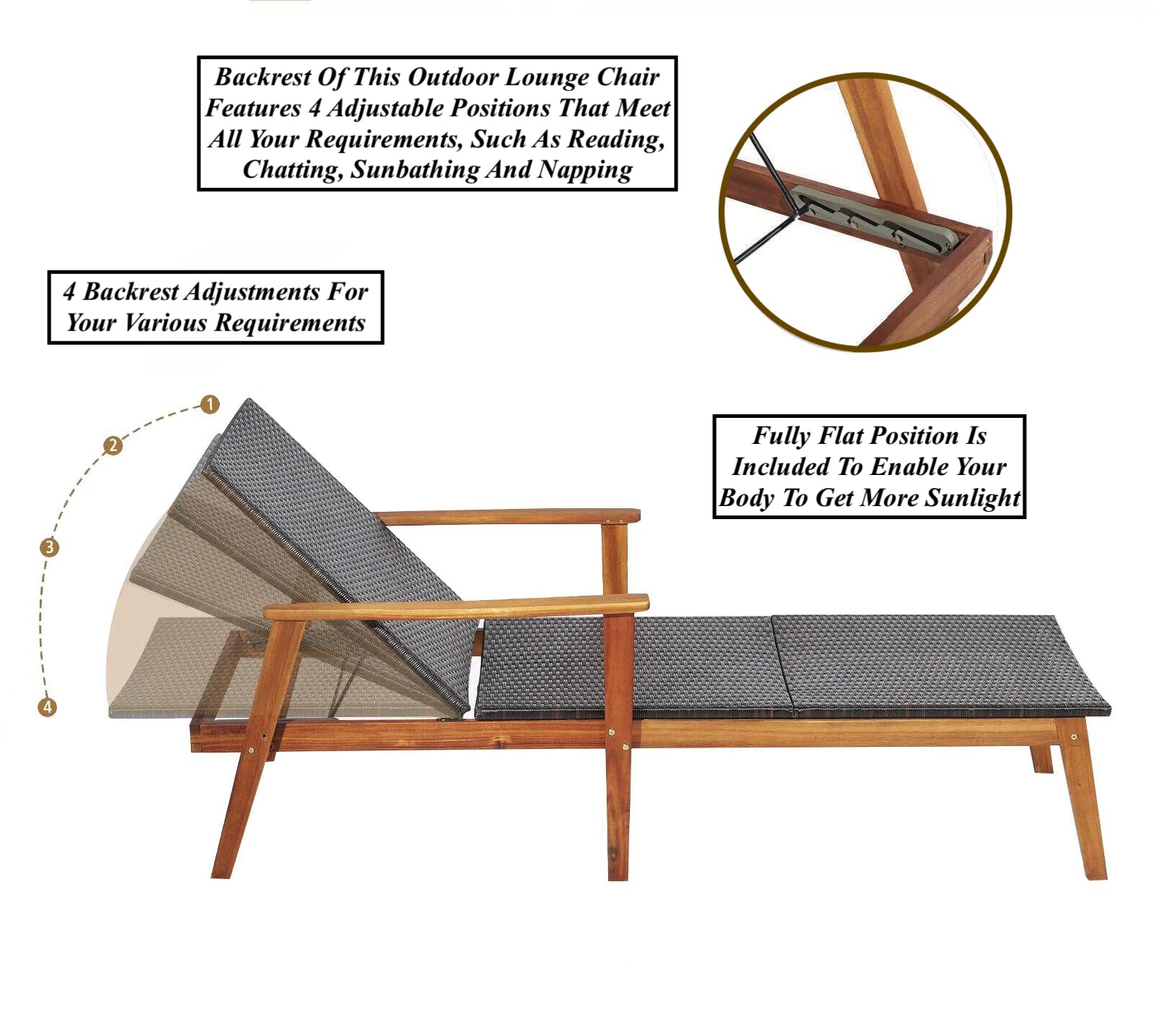 Outdoor Patio PE Rattan Chaise Lounge Daybed Lounger Sunbathing Bed Recliner 4-Level Adjustable Backrest Cozy Armrests Wide Seat Ergonomic Backrest Suitable for Poolside Garden Backyard Balcony Use