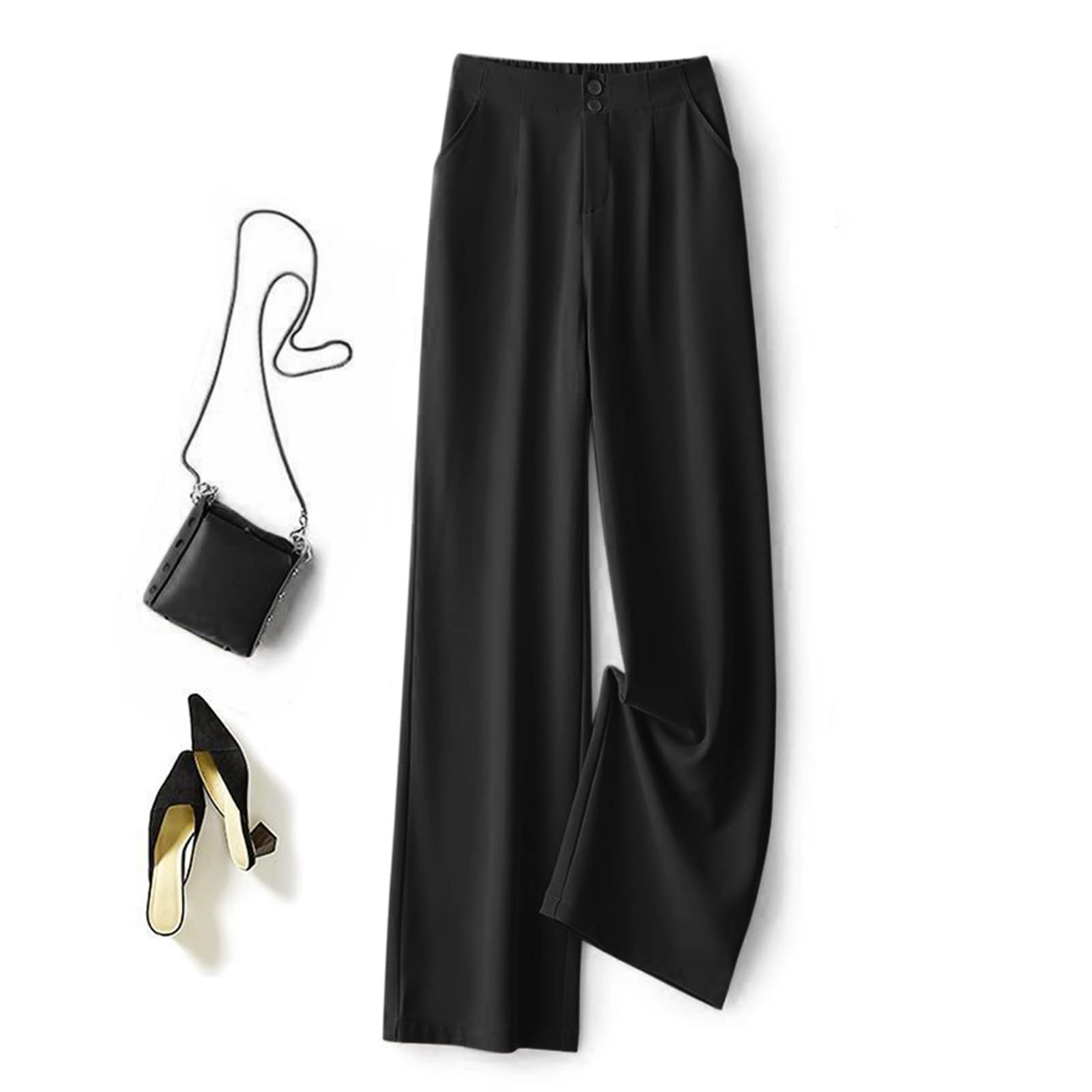 Women's Wide Leg Pants High Elastic Waisted in The Back Business Work Trousers Long Straight Fleece Sweatpants