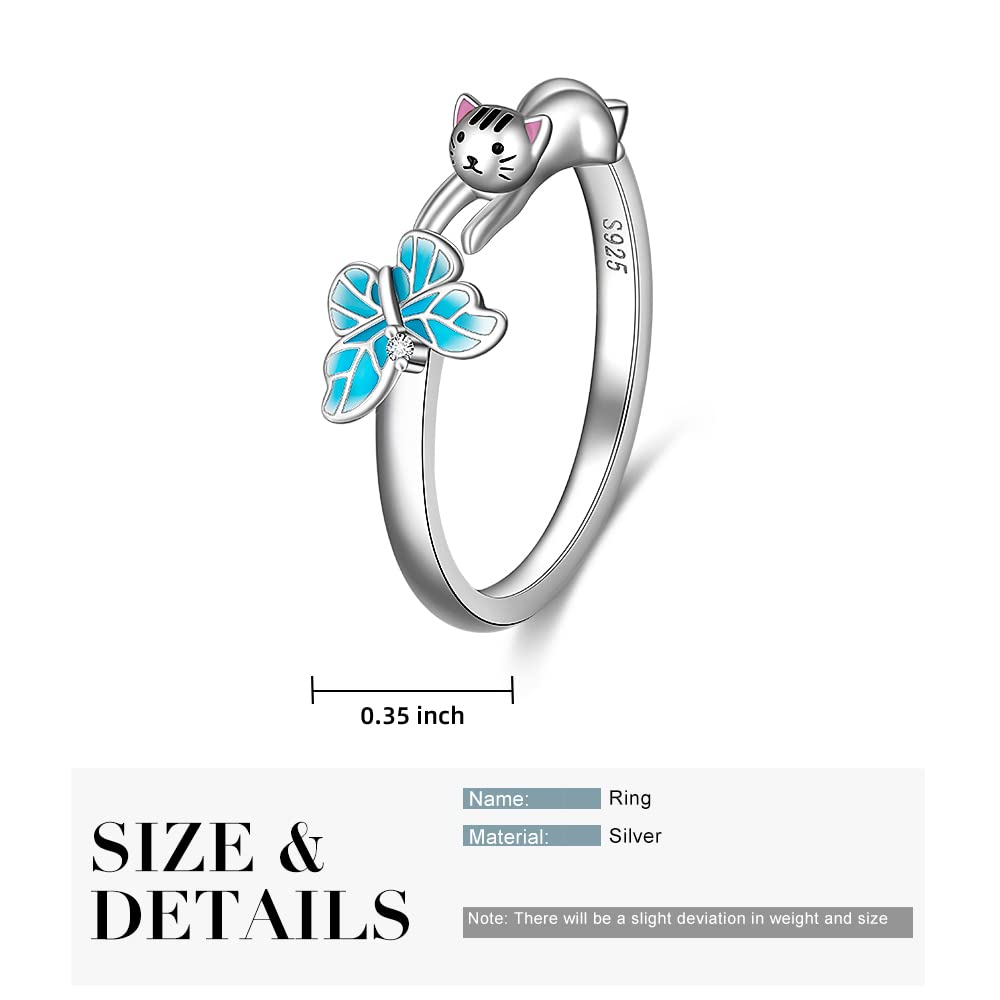 Women Cat Ring 925 Sterling Silver Cat Wrap Around Ring Butterfly Rings for Women Cat Crazy Kitty Jewelry Size 8