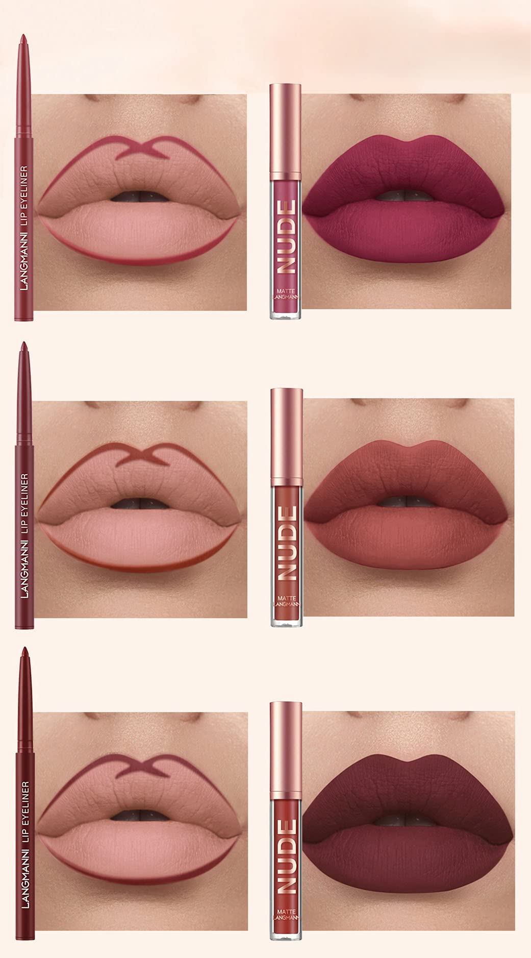 SUMEITANG 12Pcs Lip Liner and Lipstick Makeup Set, 6 Matte Nude Liquid Lip Stick With 6 Matching Smooth Lipliner pencil, All in One Waterproof Long Lasting Lipgloss, Girls&Women Lips Makeup Gift Set