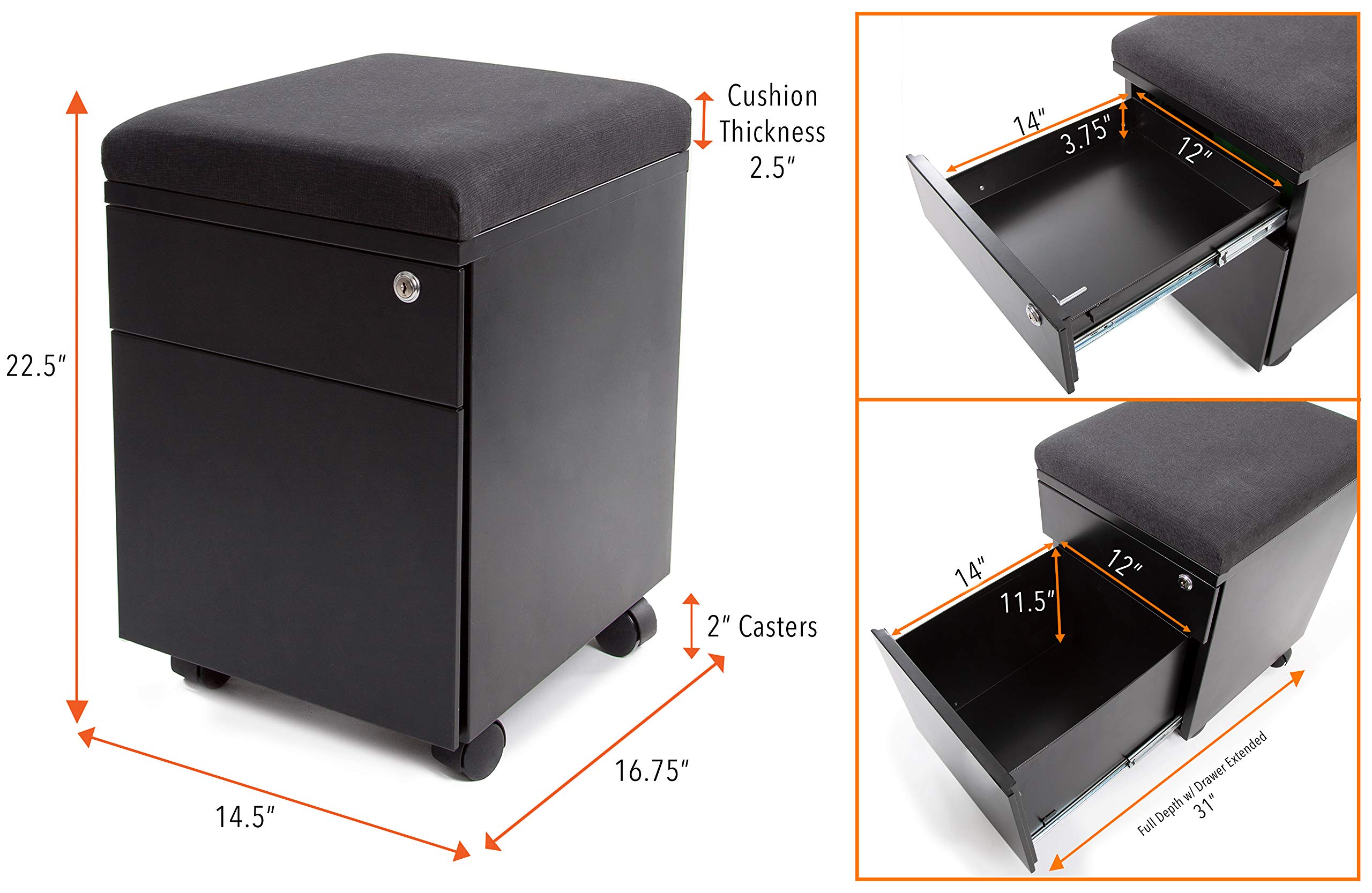 Stand Steady Vert | Rolling File Cabinet | 2 Drawer Mobile File Cabinet with Locking Storage | Small Filing Cabinet with Cushion Top for an Extra Place to Sit | Perfect for Home & Office! (White)
