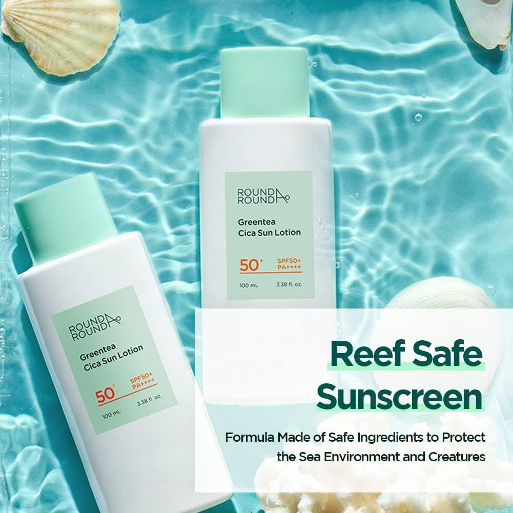 ROUND A'ROUND Green Tea Cica Sun Lotion SPF 50 (3.38 oz, 100ml) | Reef Safe, Daily, UV Protection, No White Cast, Moisturizing, Soothing, Weightless Sunscreen