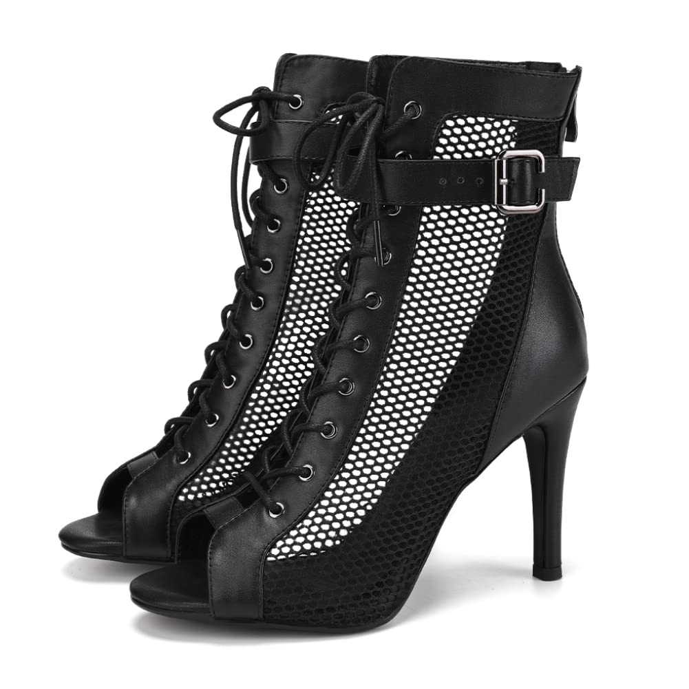 TINRYMX Women Open Toe Dance Ankle Boots Dance Heels Lace-up Latin Salsa Bachata Ballroom Dance Shoes, DSK92-PM-Black-9.5, 11(M) US